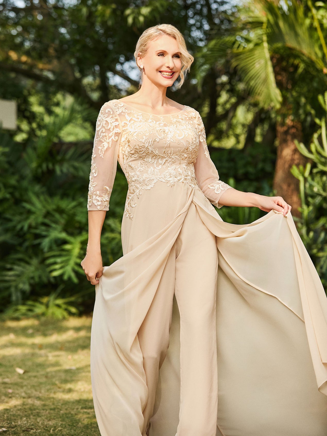 BABARONI Chiffon Champagne Mother of the Bride Dresses A-line Illusion ...