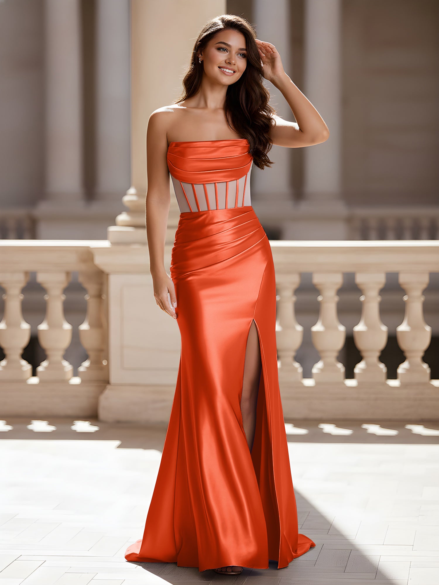 BABARONI Stretch Satin Rust Prom Dresses Sheath/Column Strapless ...