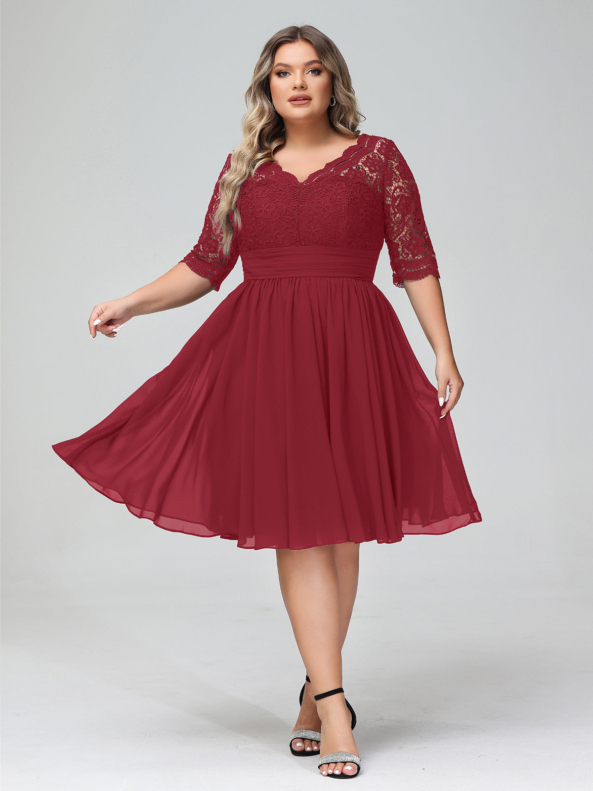 Lace and Chiffon Short Dress with Half Sleeves Burgundy – BABARONI