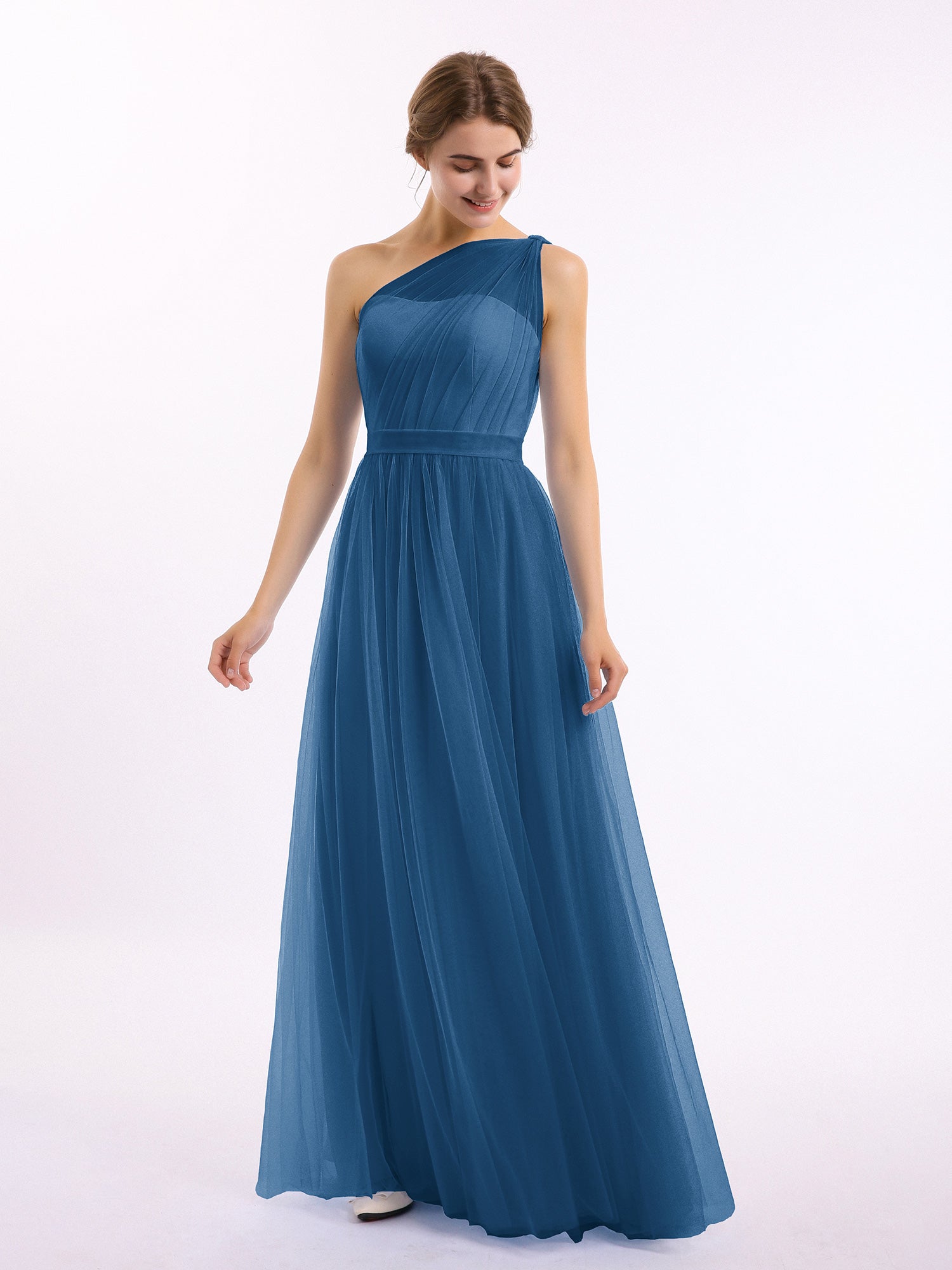 BABARONI Tulle Ink Blue Bridesmaid Dresses One Shoulder Floor-length ...
