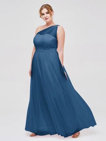 BABARONI Tulle Ink Blue Bridesmaid Dresses One Shoulder Floor-length ...