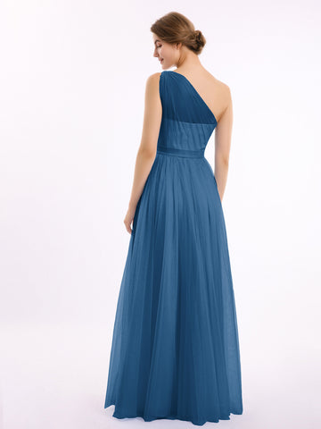 BABARONI Tulle Ink Blue Bridesmaid Dresses One Shoulder Floor-length ...