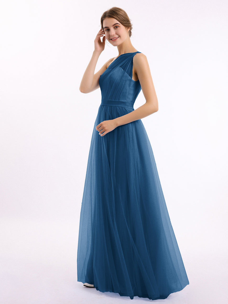BABARONI Tulle Ink Blue Bridesmaid Dresses One Shoulder Floor-length ...
