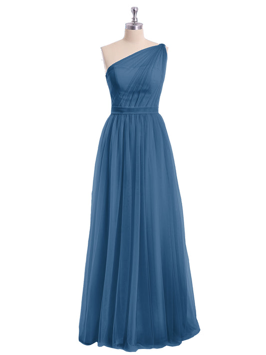 BABARONI Tulle Ink Blue Bridesmaid Dresses One Shoulder Floor-length ...