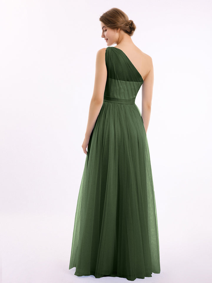 One Shoulder Mesh Wedding Party Bridesmaid Gown Olive Green – BABARONI