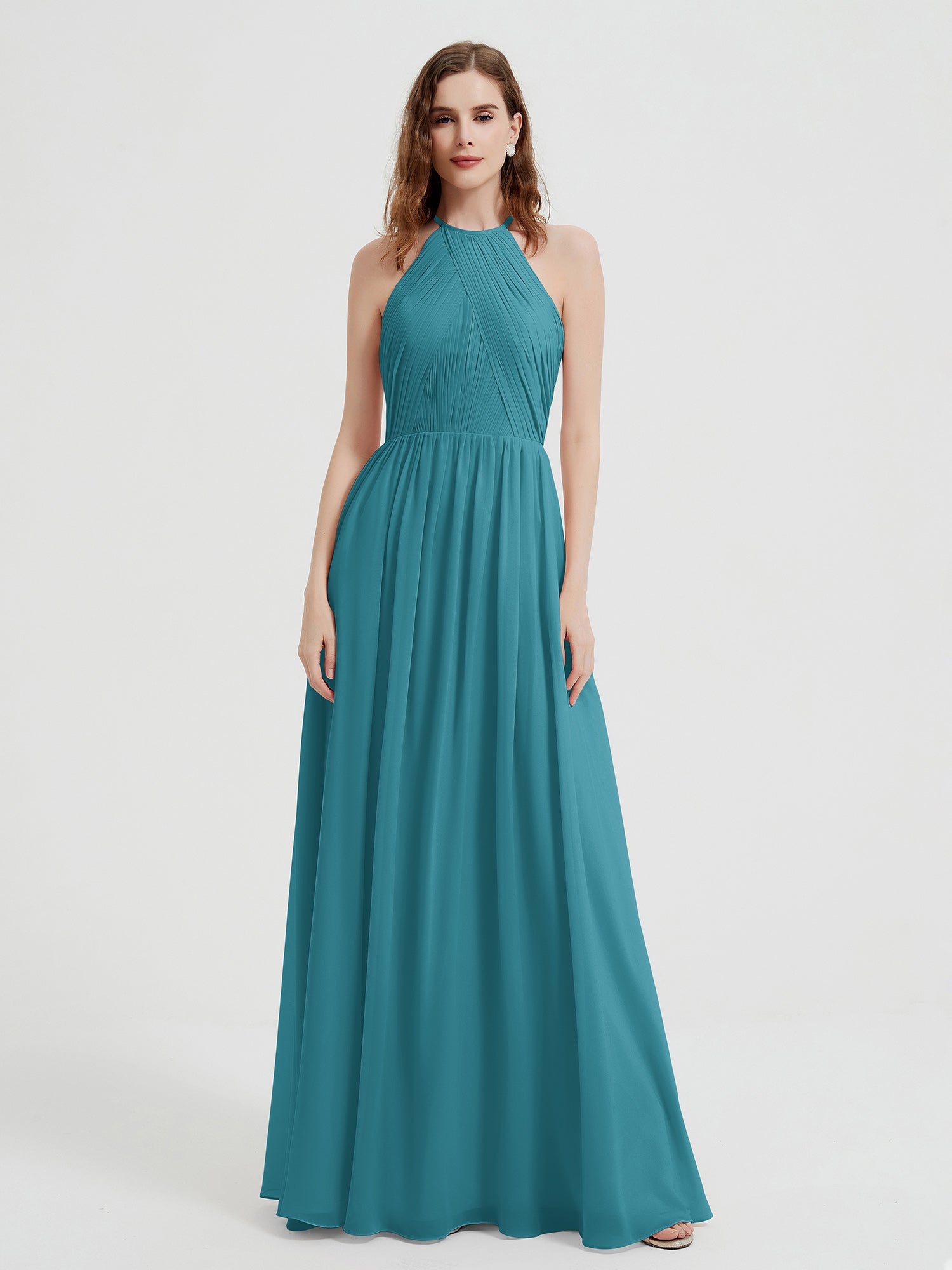 Halter Chiffon Dresses with Pleated Bodice Jade- Ash | BABARONI