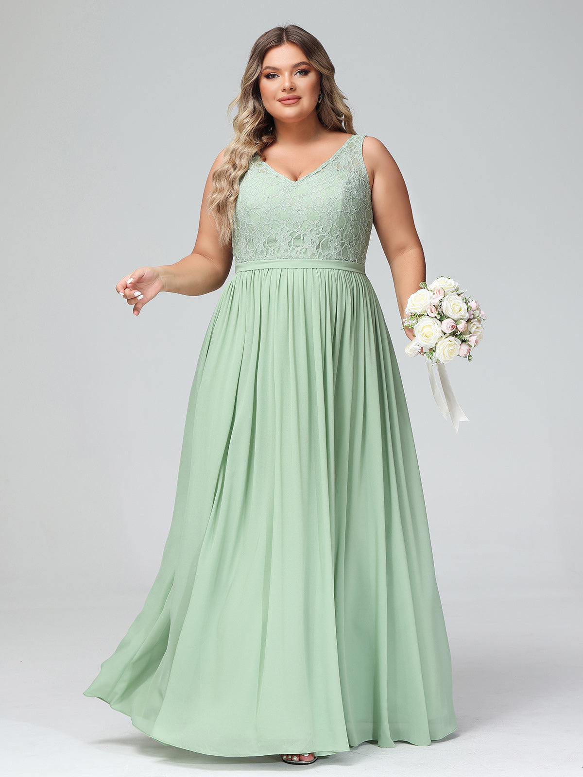 Lace Top and Chiffon Bottom Long Dresses Dusty Sage – BABARONI