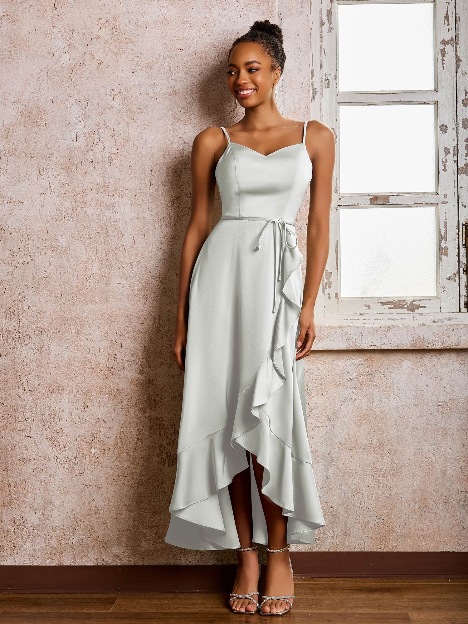 Spaghetti Straps Asymmetrical Soft Satin Dresses Silver – BABARONI
