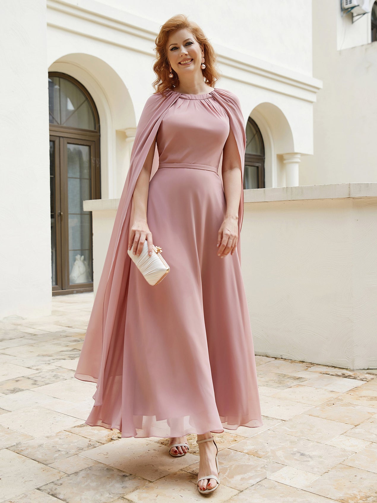 A-line Jewel-Neck Chiffon Dress With Long Cape-Dusty Rose – BABARONI