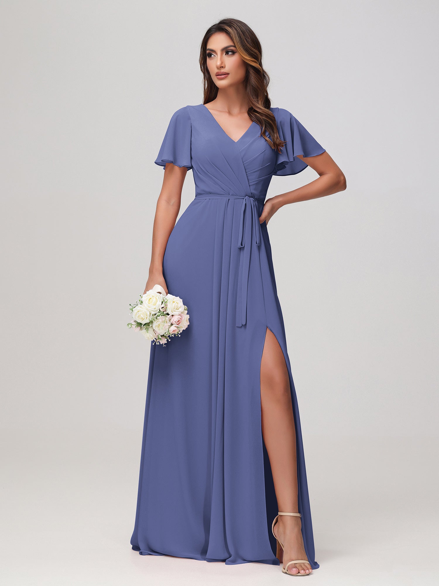 BABARONI Chiffon Periwinkle Bridesmaid Dresses V-neck Floor-length ...