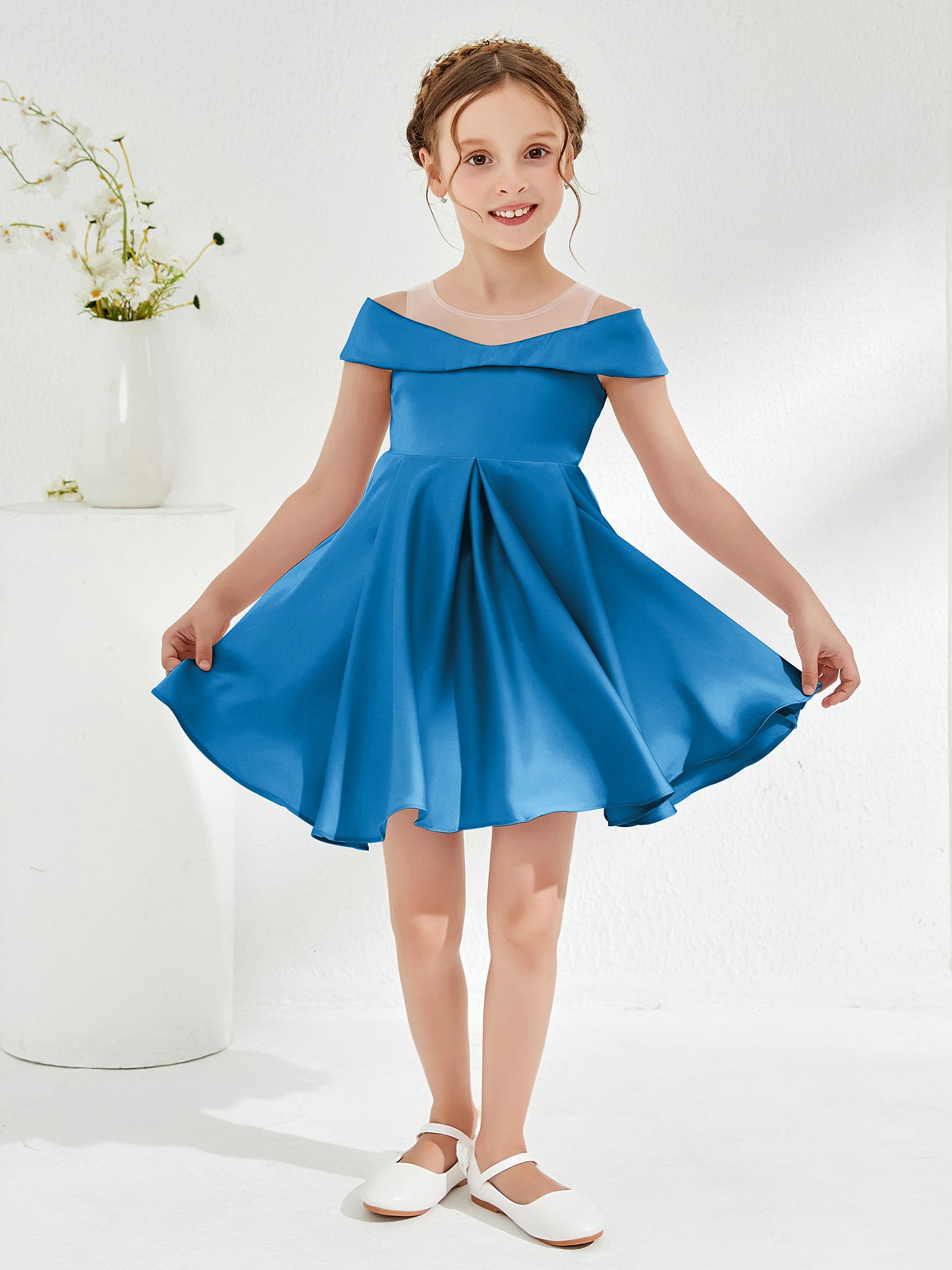 Scoop Off the Shoulder Knee-Length Girl's Dress Ocean Blue – BABARONI