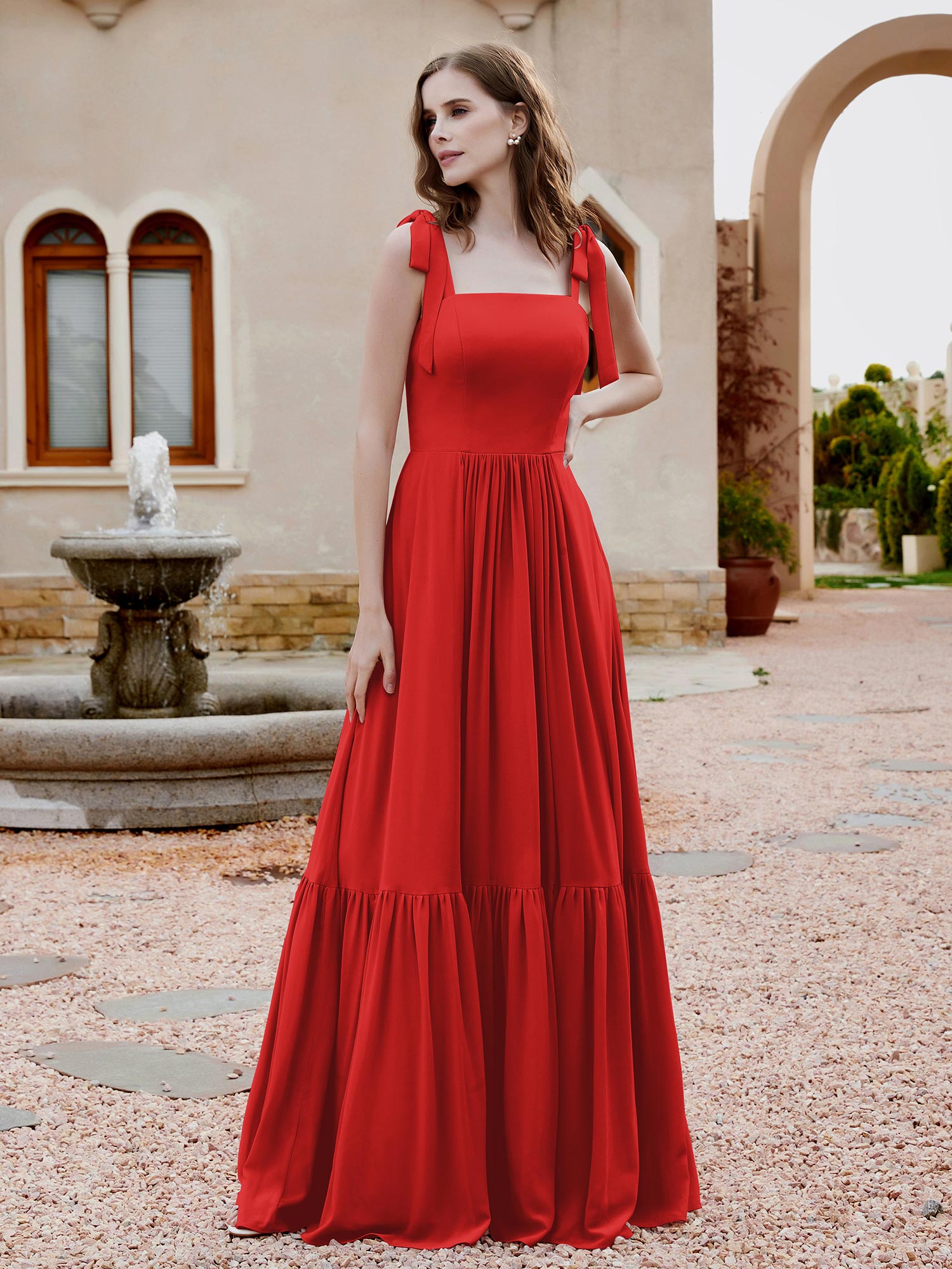 BABARONI Chiffon Red Bridesmaid Dresses Square Floor-length Straps ...