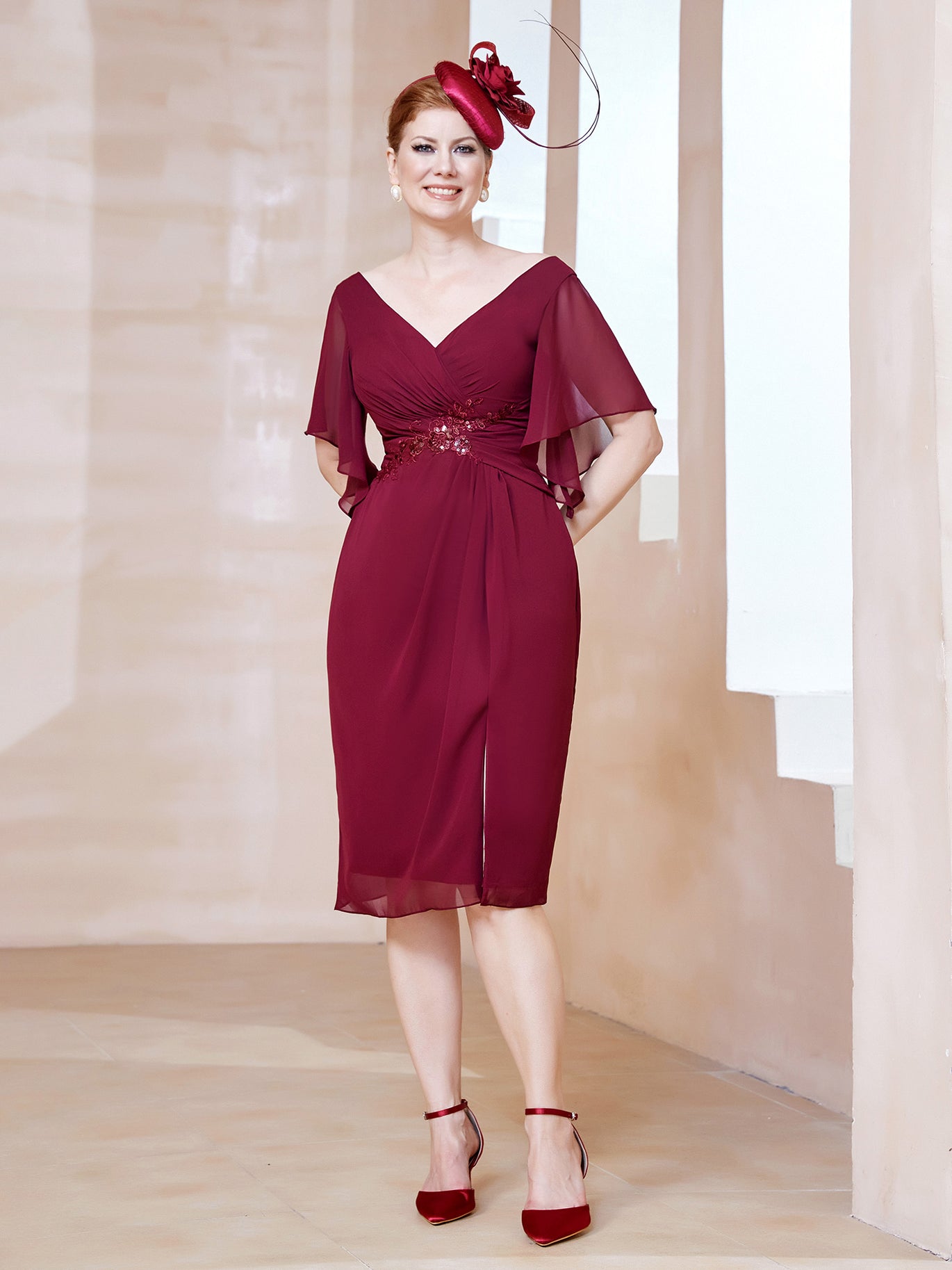BABARONI Chiffon Burgundy Mother of the Bride Dresses Column V-neck ...