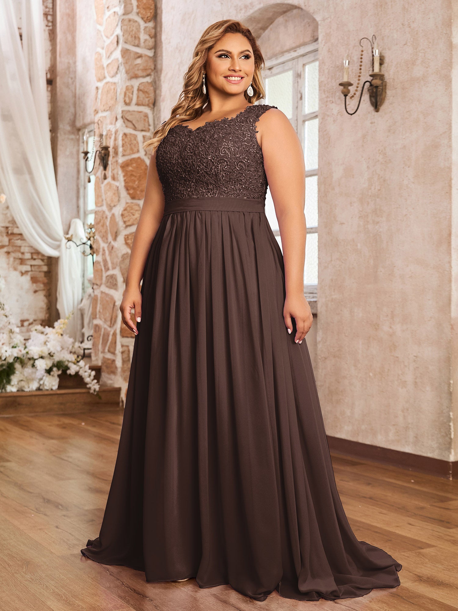 Appliqued and Beaded Dress with Sweetheart Neck Chocolate Plus Size ...