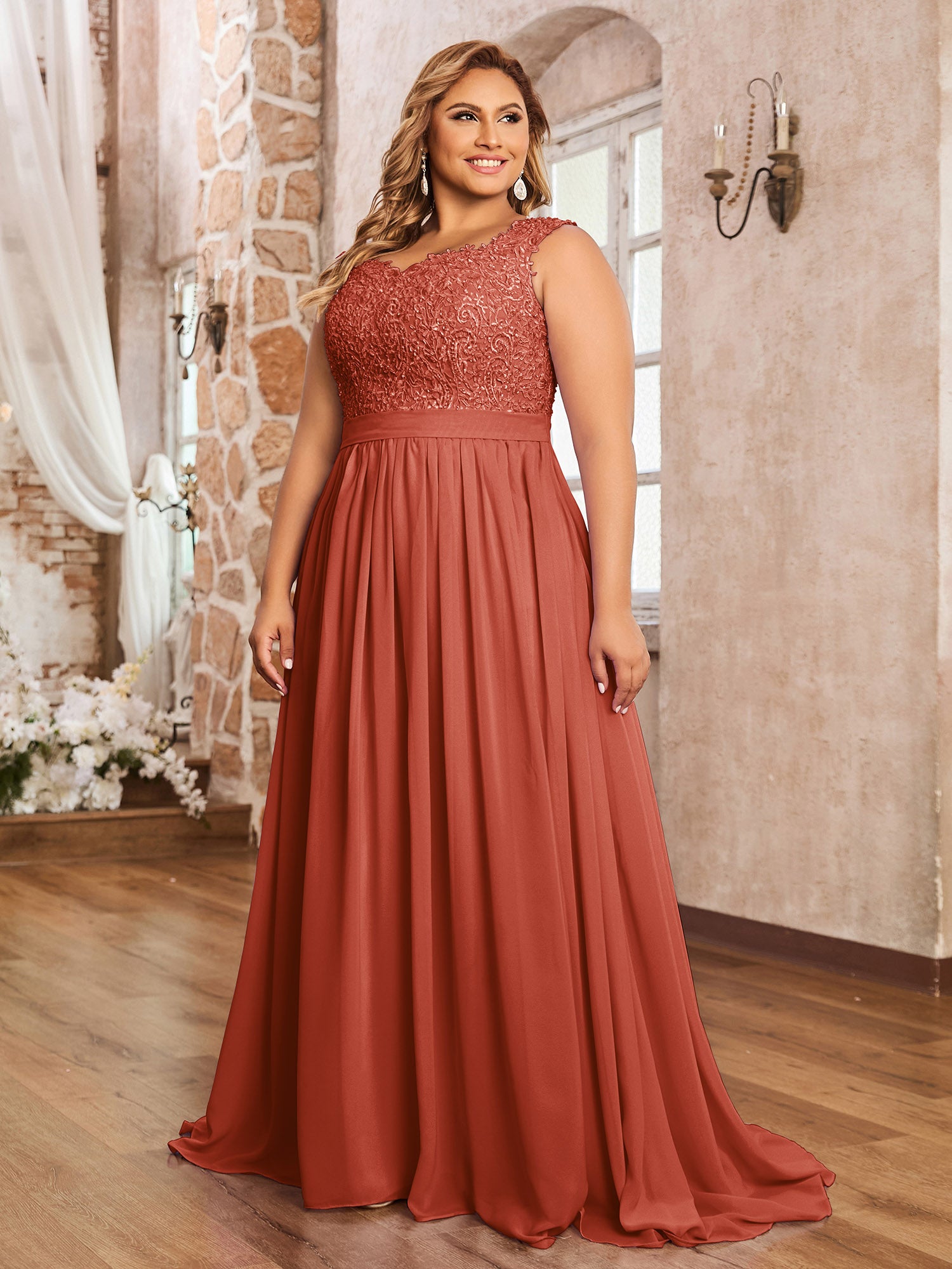 Appliqued and Beaded Dress with Sweetheart Neck Rust Plus Size – BABARONI