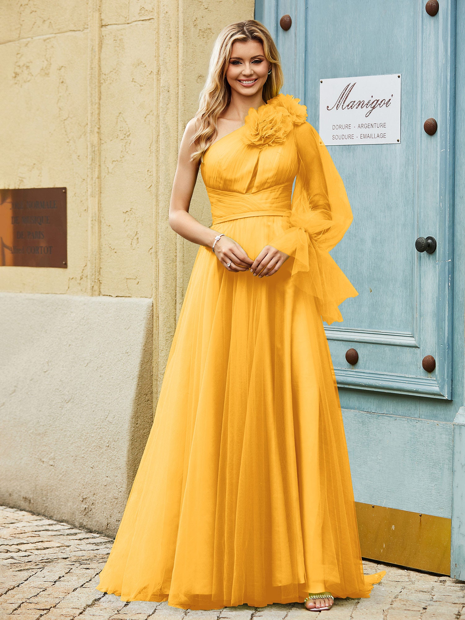 BABARONI Tulle Tangerine Prom Dresses A-line One Shoulder Long Sleeve ...