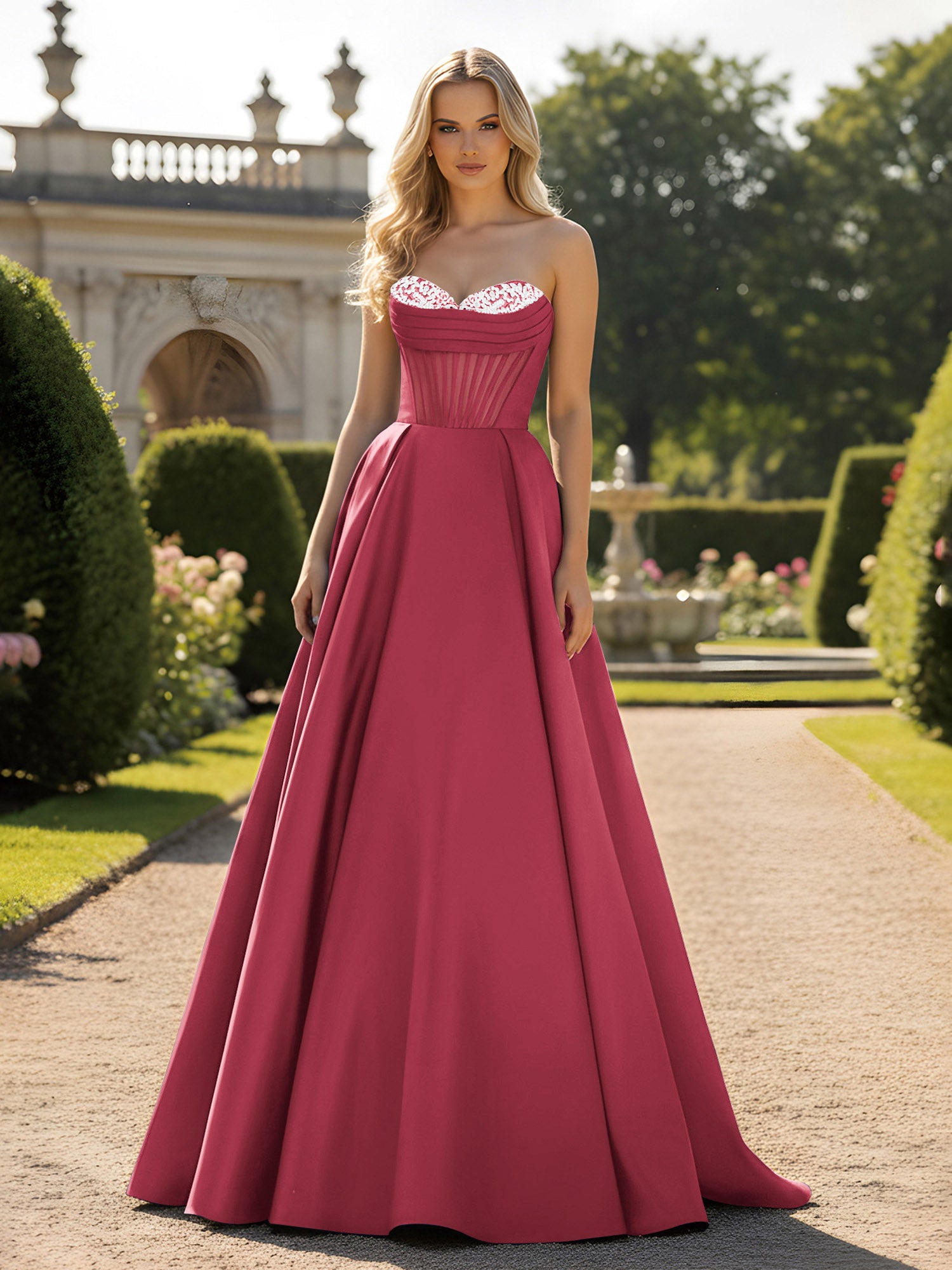 BABARONI Satin Cinnamon Rose Prom Dresses A-line Strapless Sleeveless ...