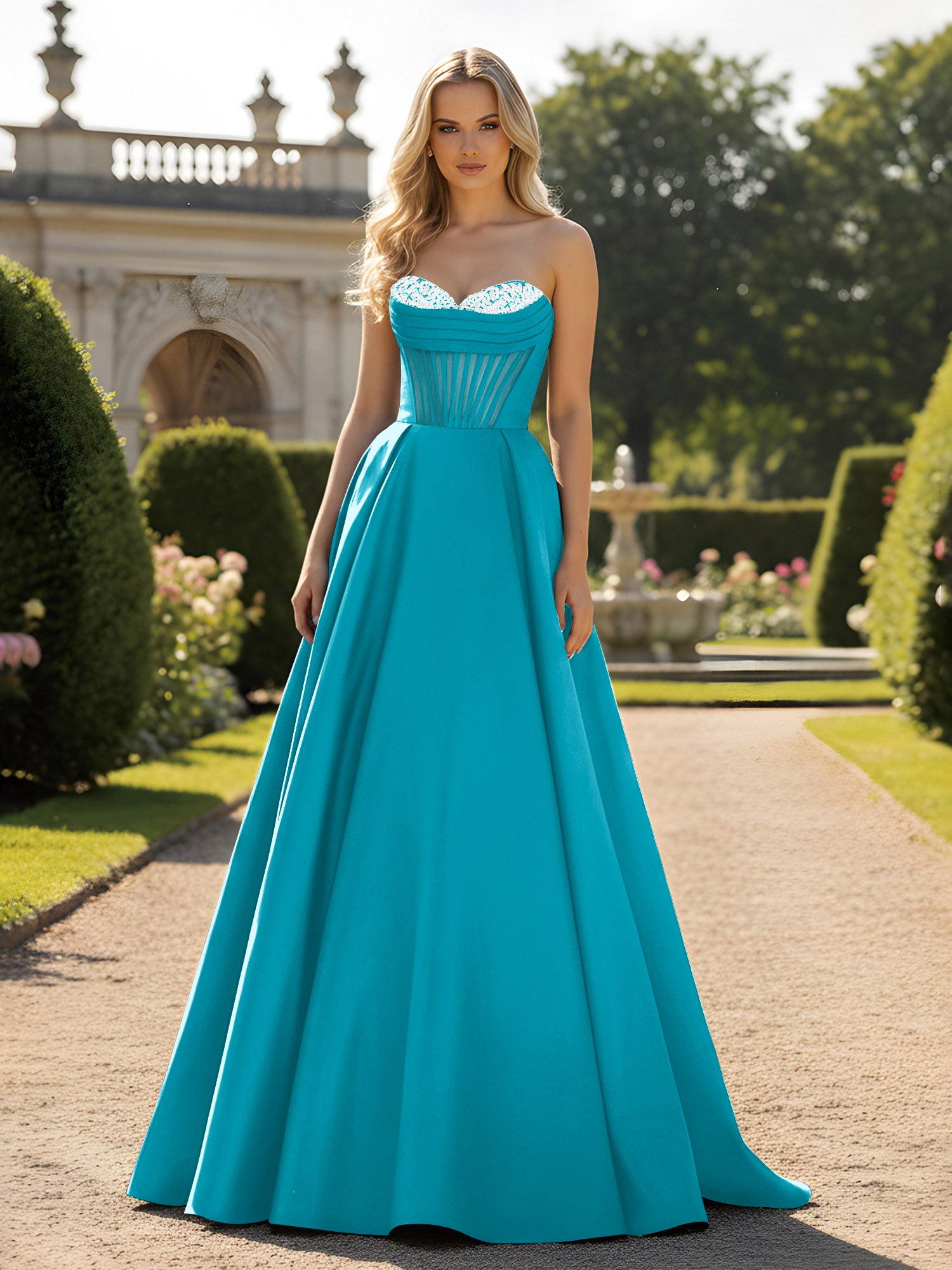 BABARONI Satin Jade Prom Dresses A-line Strapless Sleeveless Beaded ...