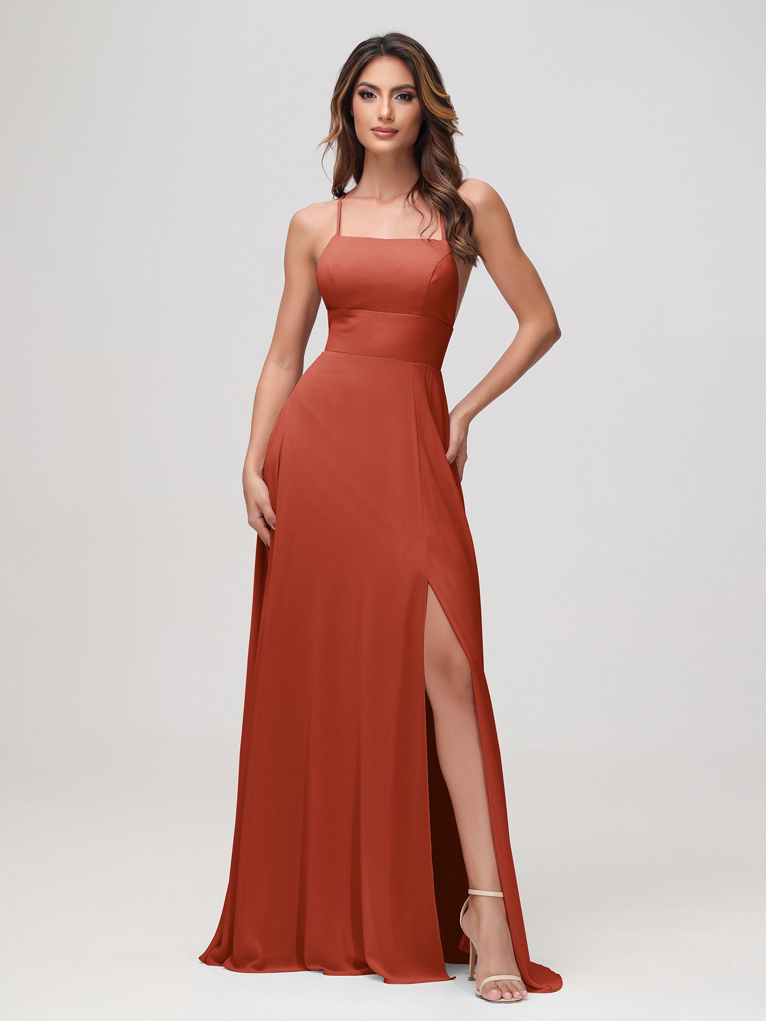 BABARONI Chiffon Rust Bridesmaid Dresses Square Floor-length Spaghetti ...