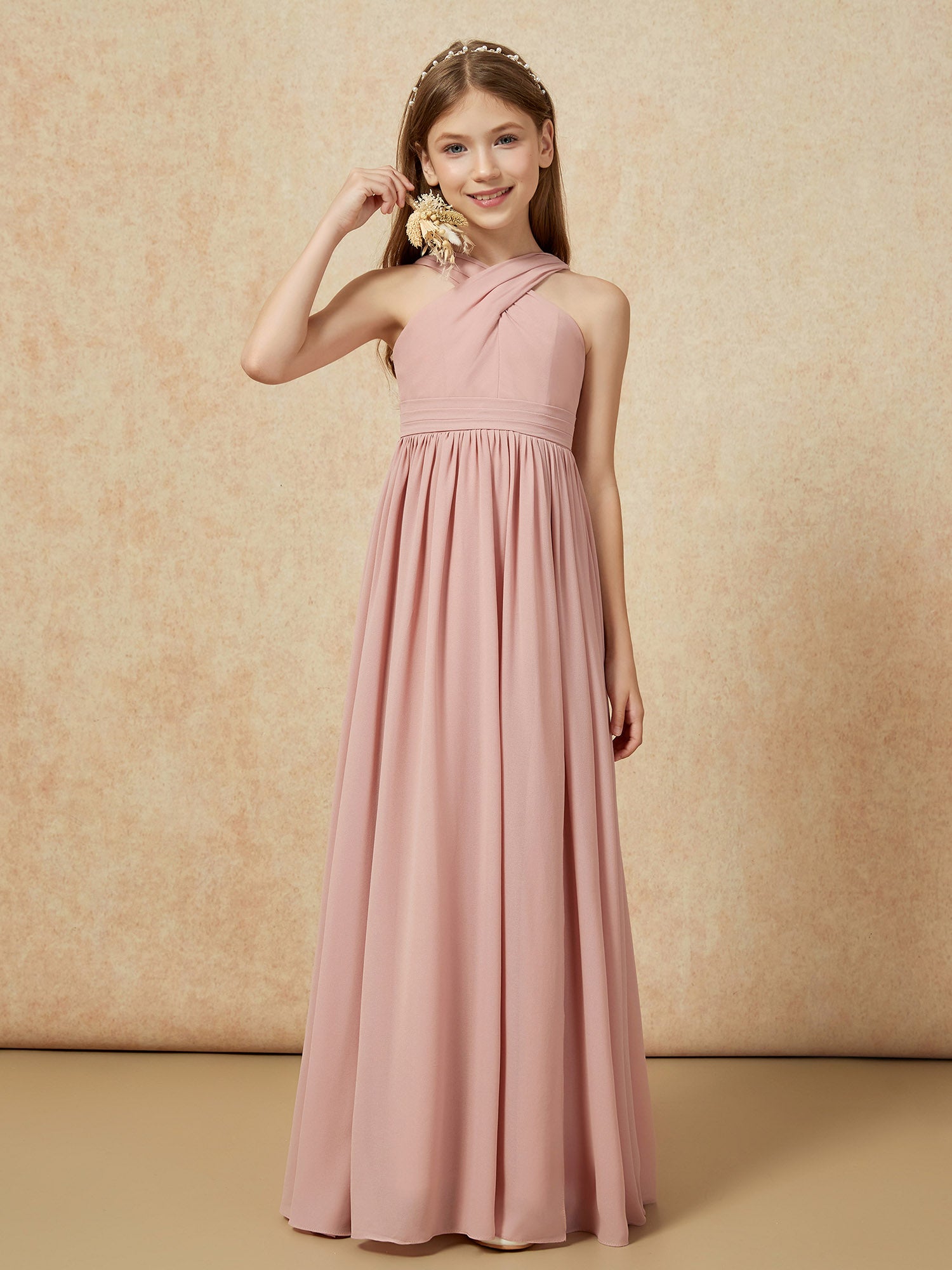 Grecian Neck Chiffon Junior Bridesmaid Dresses With Slit Dusty Rose ...