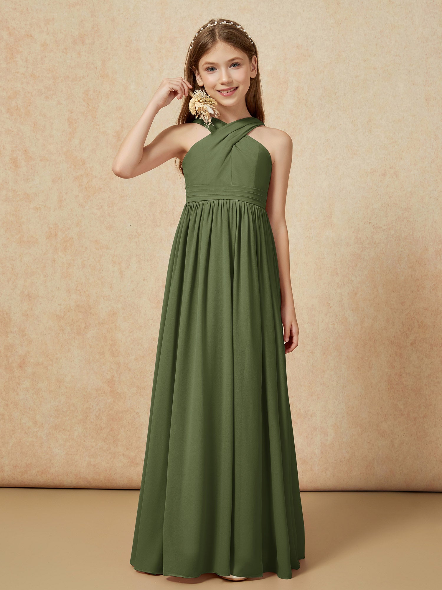 Grecian Neck Chiffon Junior Bridesmaid Dresses With Slit Olive Green ...