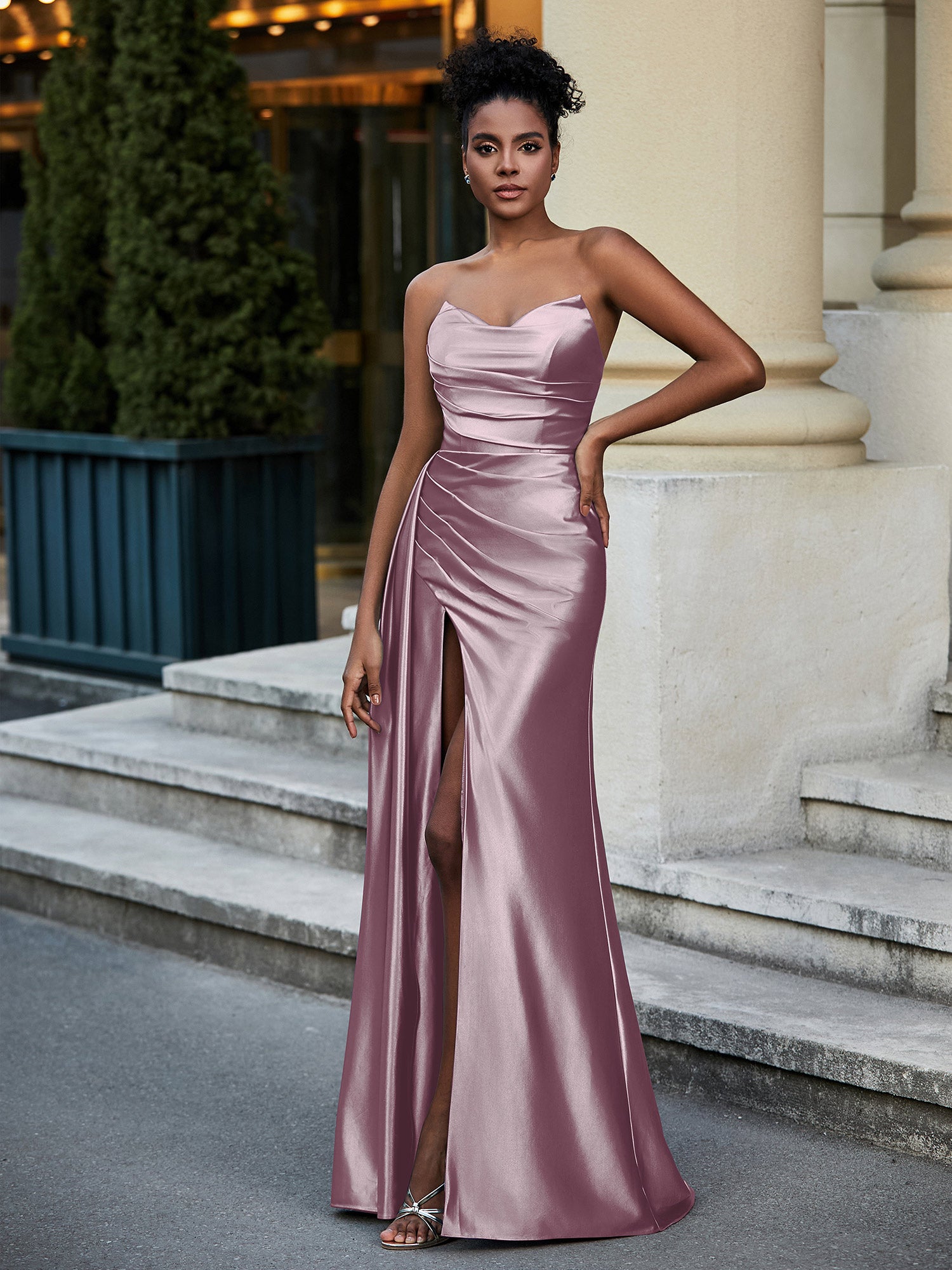 BABARONI Stretch Satin Dusk Bridesmaid Dresses Sweetheart Sweep Train ...