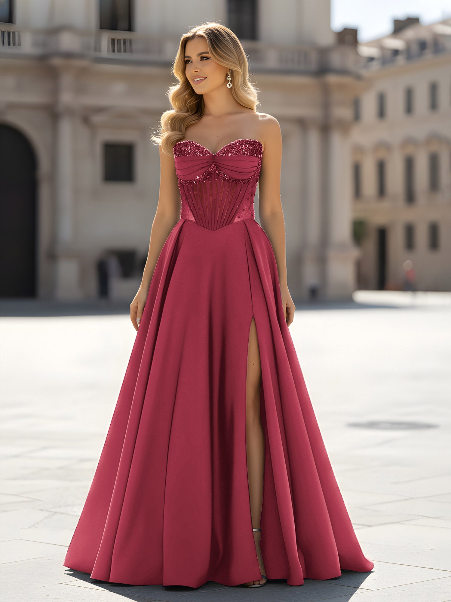 BABARONI Satin Cinnamon Rose Prom Dresses A-line Strapless Sleeveless ...