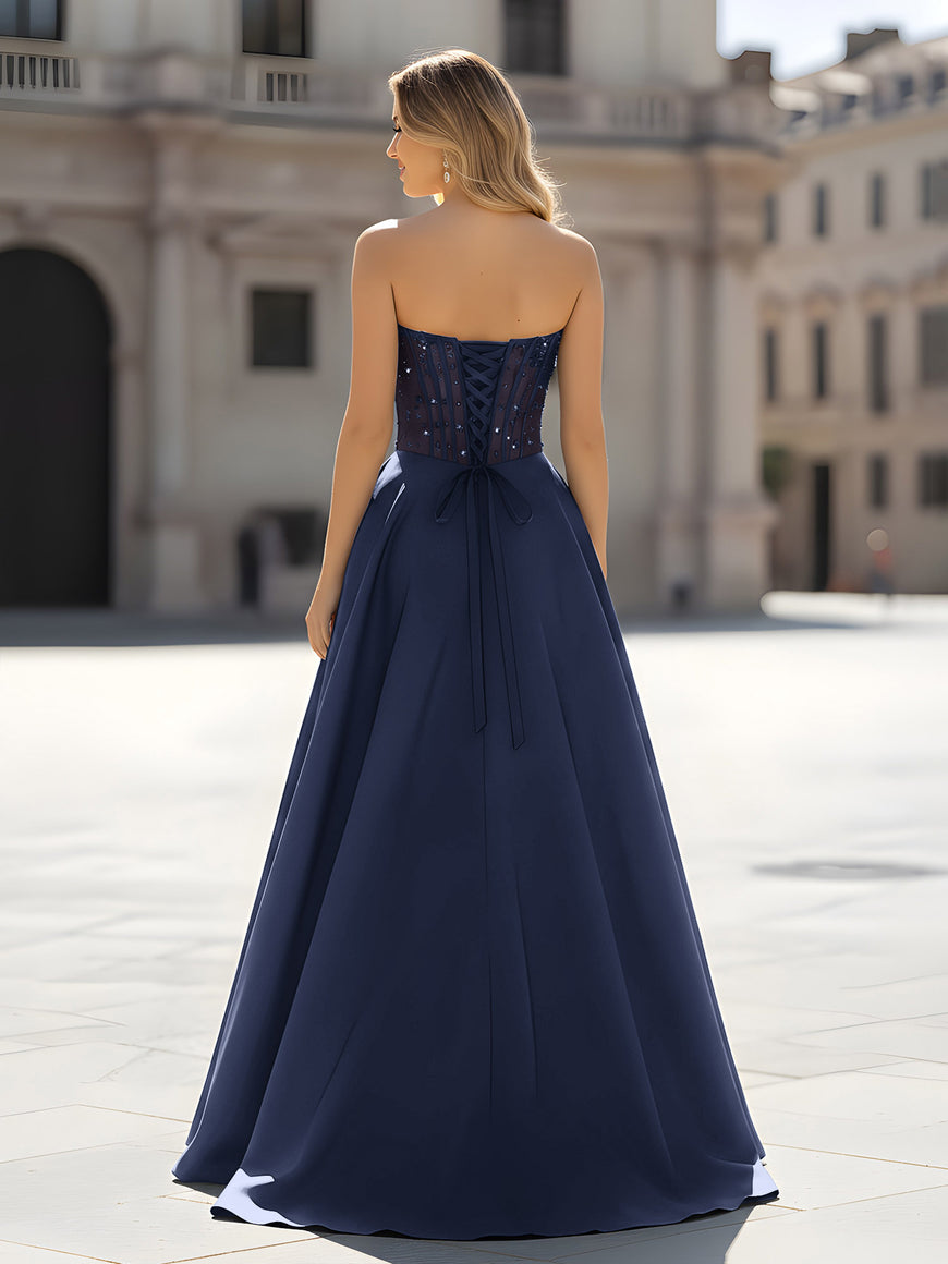 BABARONI Satin Dark Navy Prom Dresses A-line Strapless Sleeveless ...