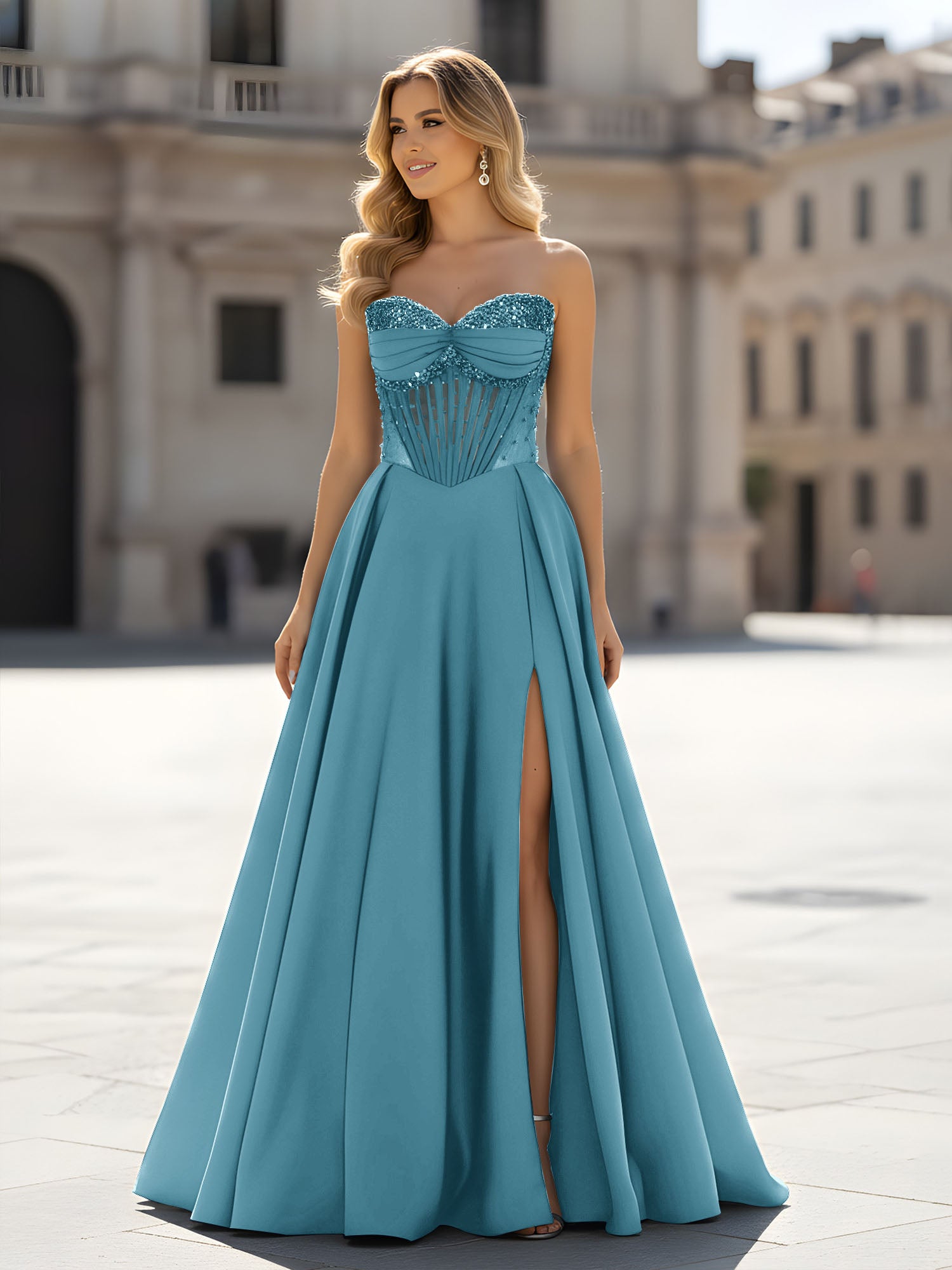 BABARONI Satin Pool Prom Dresses A-line Strapless Sleeveless Sequins ...