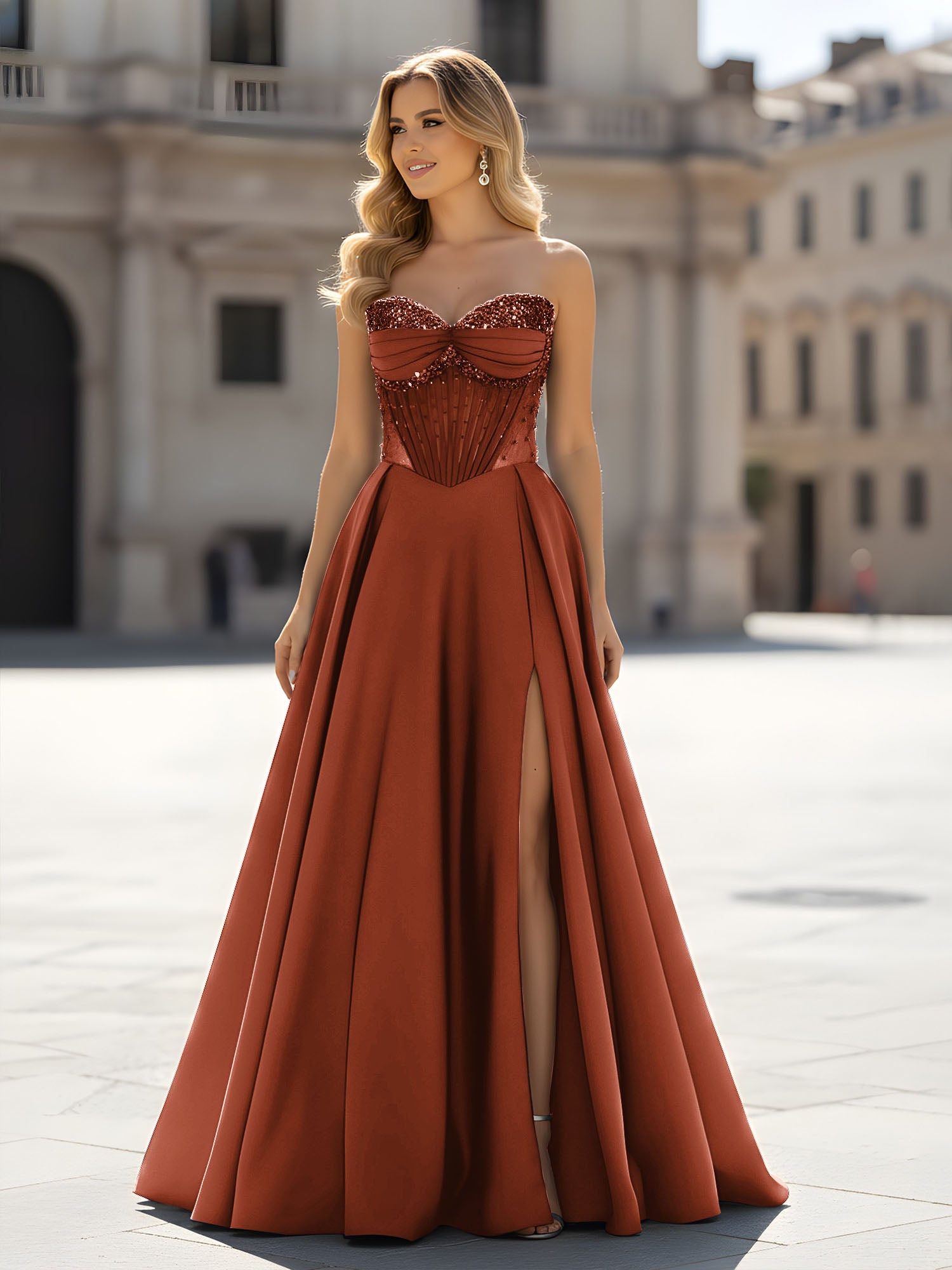 BABARONI Satin Rust Prom Dresses A-line Strapless Sleeveless Sequins ...