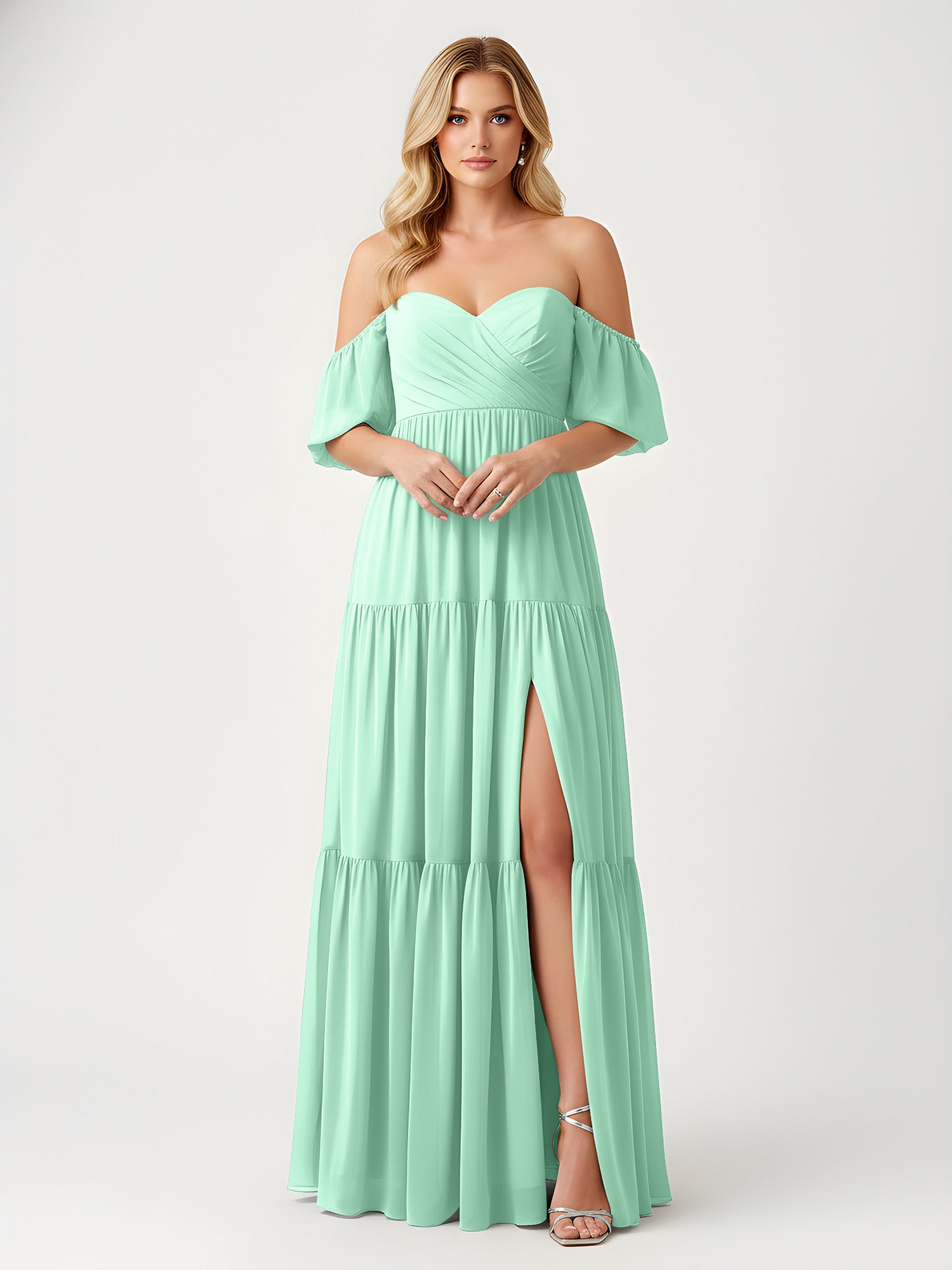 BABARONI Chiffon Mint Green Bridesmaid Dresses Off-the-shoulder Floor ...