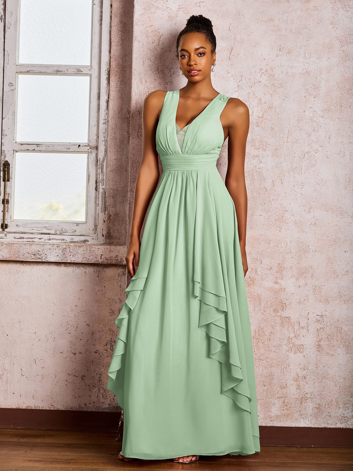 BABARONI Chiffon Dusty Sage Bridesmaid Dresses Plunging V-Neck Floor ...
