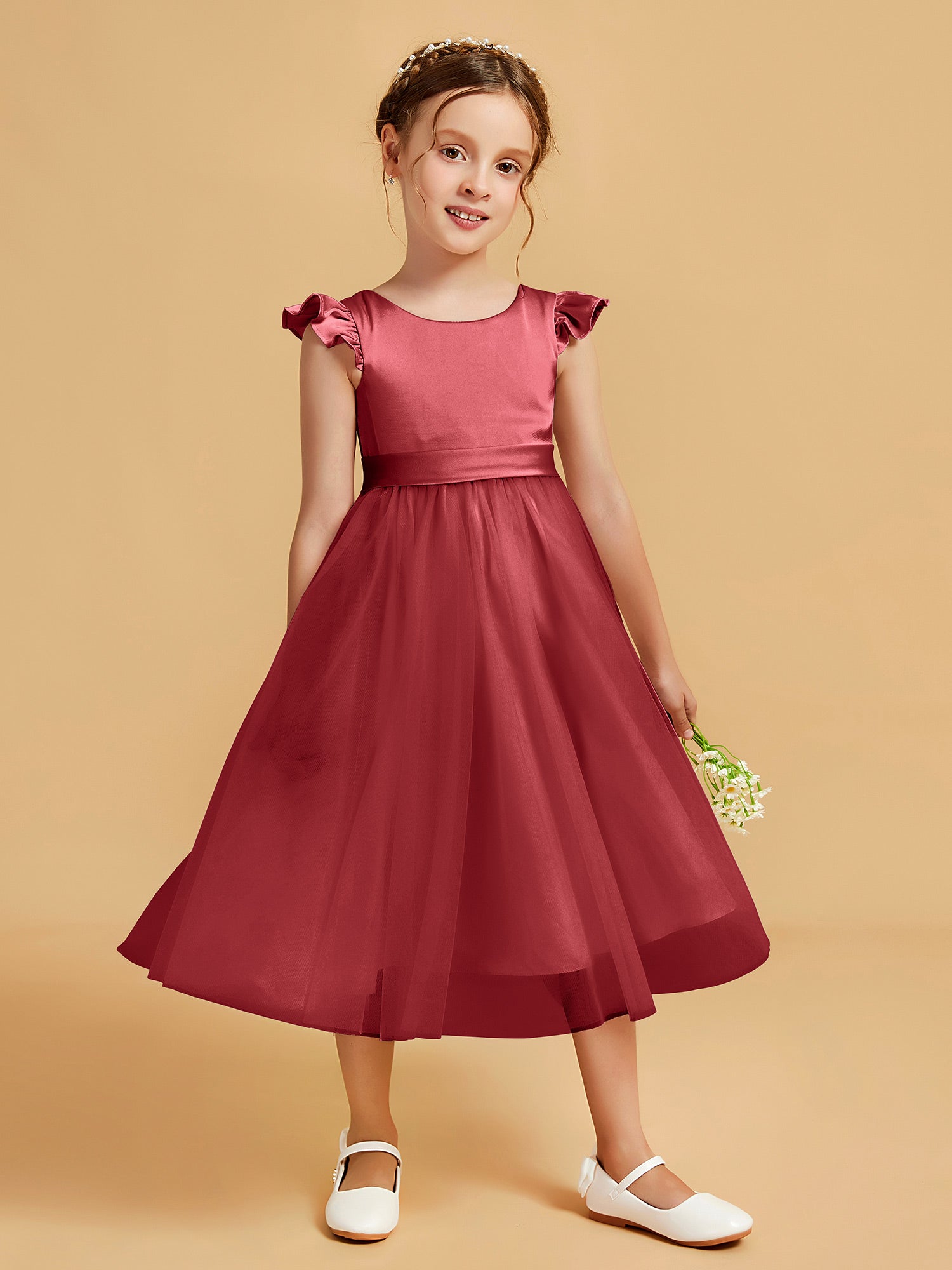 Satin Chiffon Girl's Dress With Flutter Sleeves Burgundy – BABARONI
