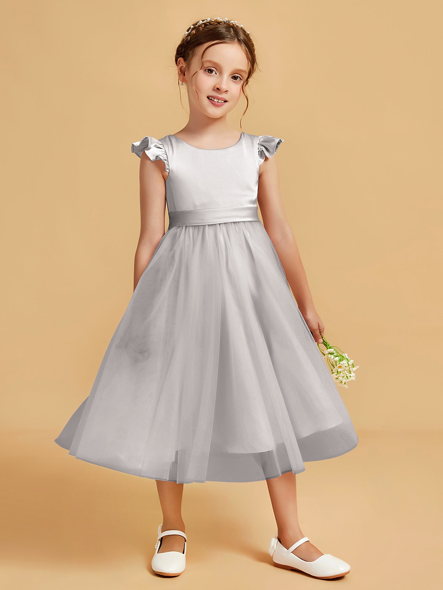 Satin Chiffon Girl's Dress With Flutter Sleeves Silver – BABARONI