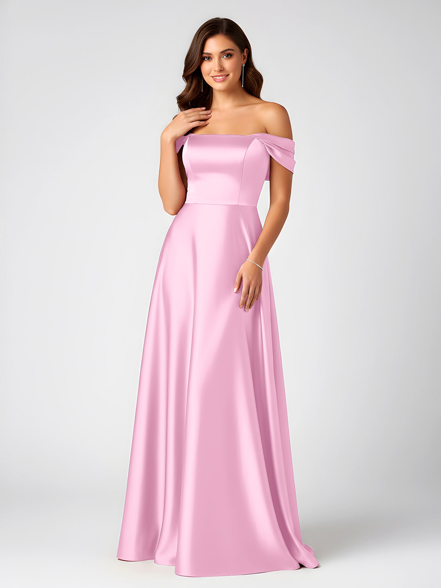 BABARONI Satin Candy Pink Bridesmaid Dresses Off-the-shoulder Floor ...