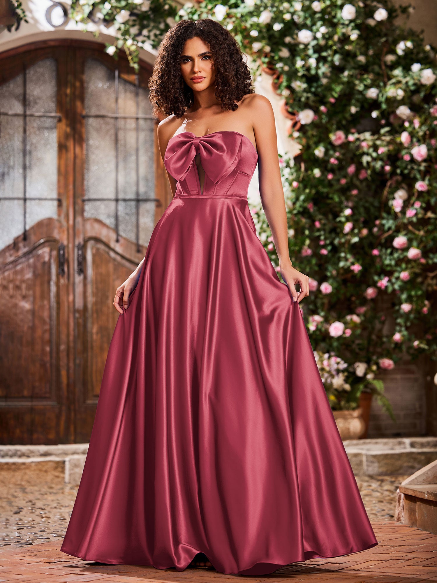 Elegant A-Line Bow Corset Strapless Floor-Length Prom Dresses Cinnamon ...
