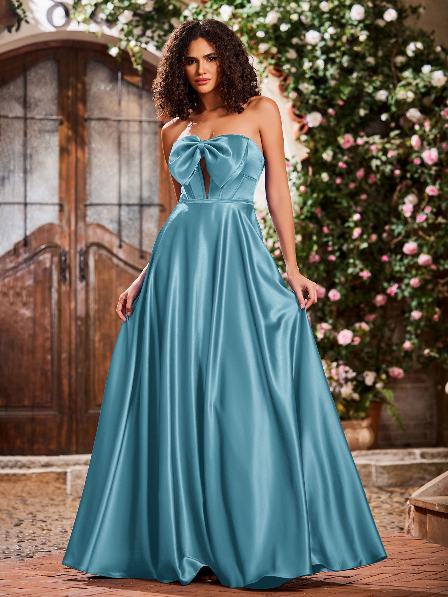 BABARONI Satin Pool Prom Dresses A-line Sweetheart Sleeveless Bow