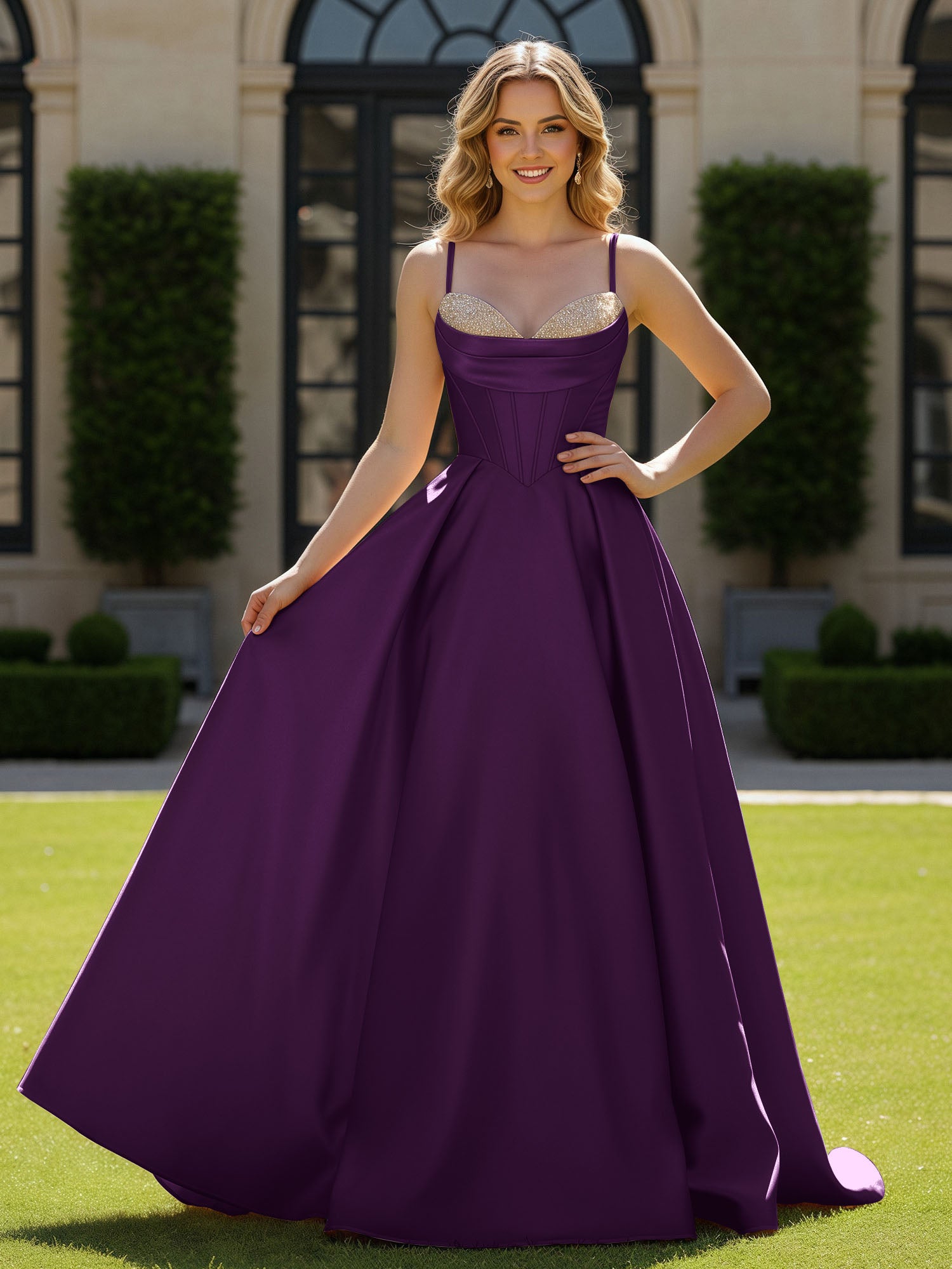 BABARONI Satin Grape Prom Dresses A-line Sweetheart Beaded Sweep/Brush ...