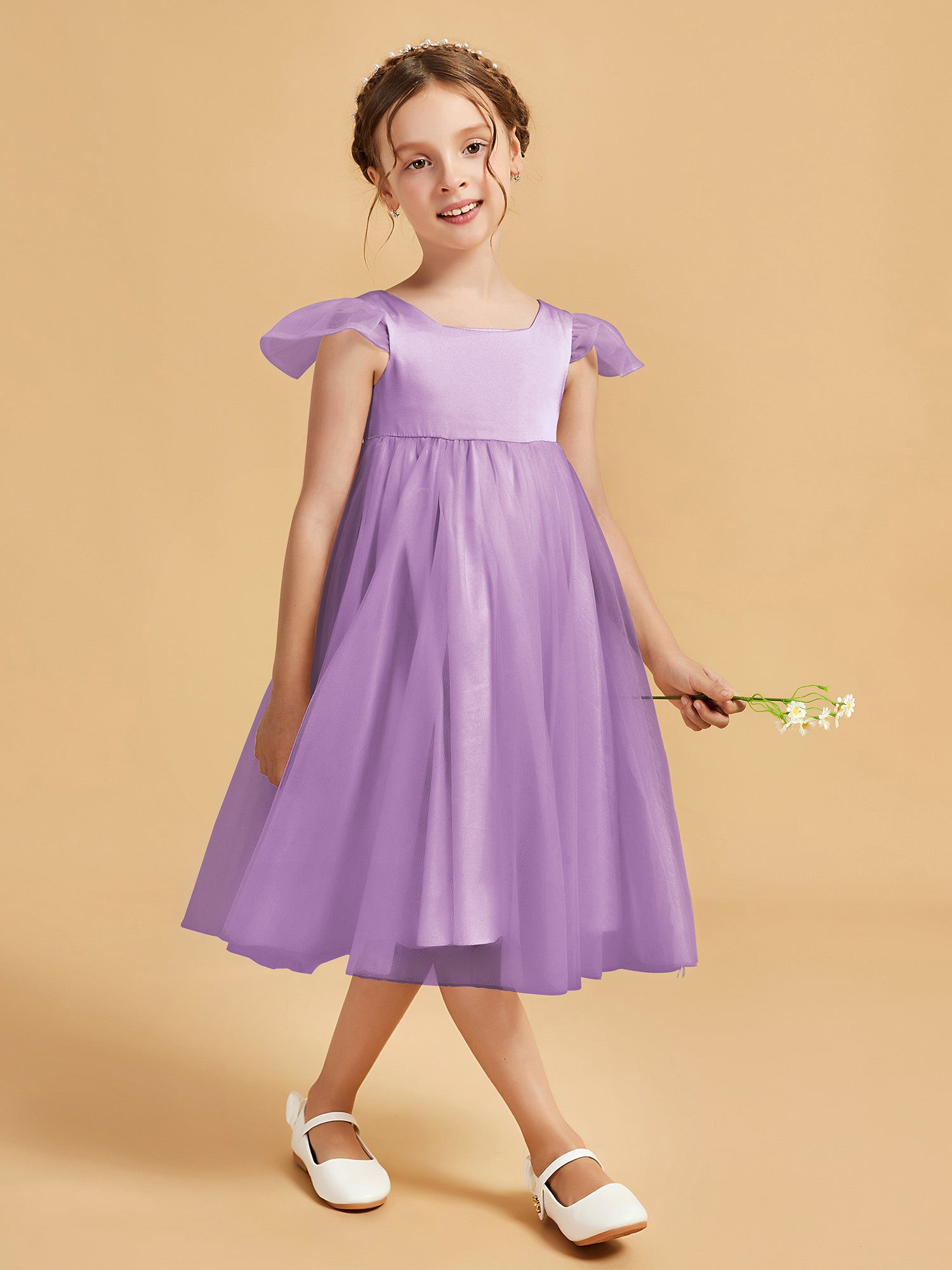 Square Neck Girl's Dress With Flutter Sleeves Lilac – BABARONI