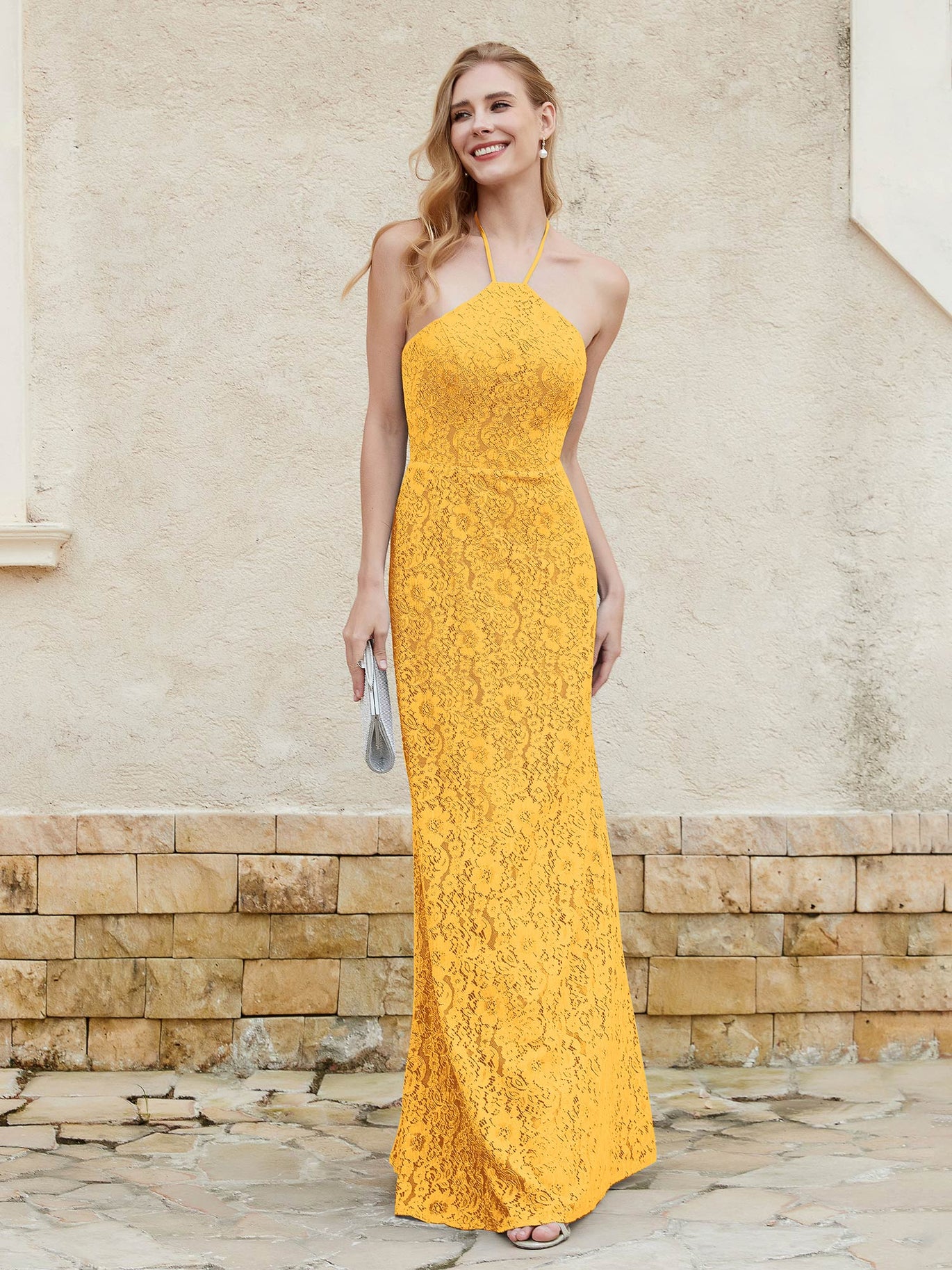 BABARONI Lace Tangerine Bridesmaid Dresses Halter Floor-length ...