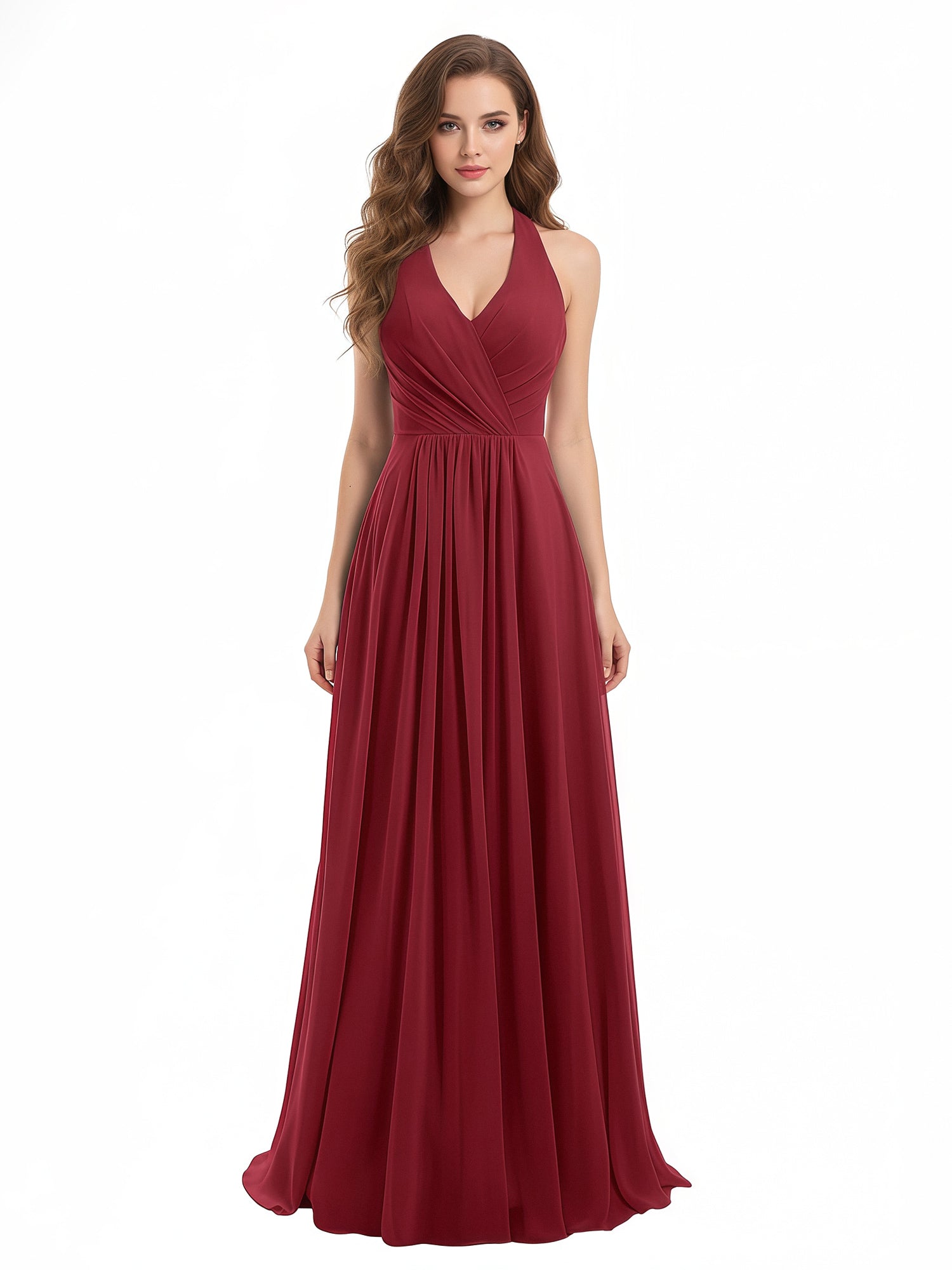 BABARONI Chiffon Burgundy Bridesmaid Dresses Halter Floor-length ...
