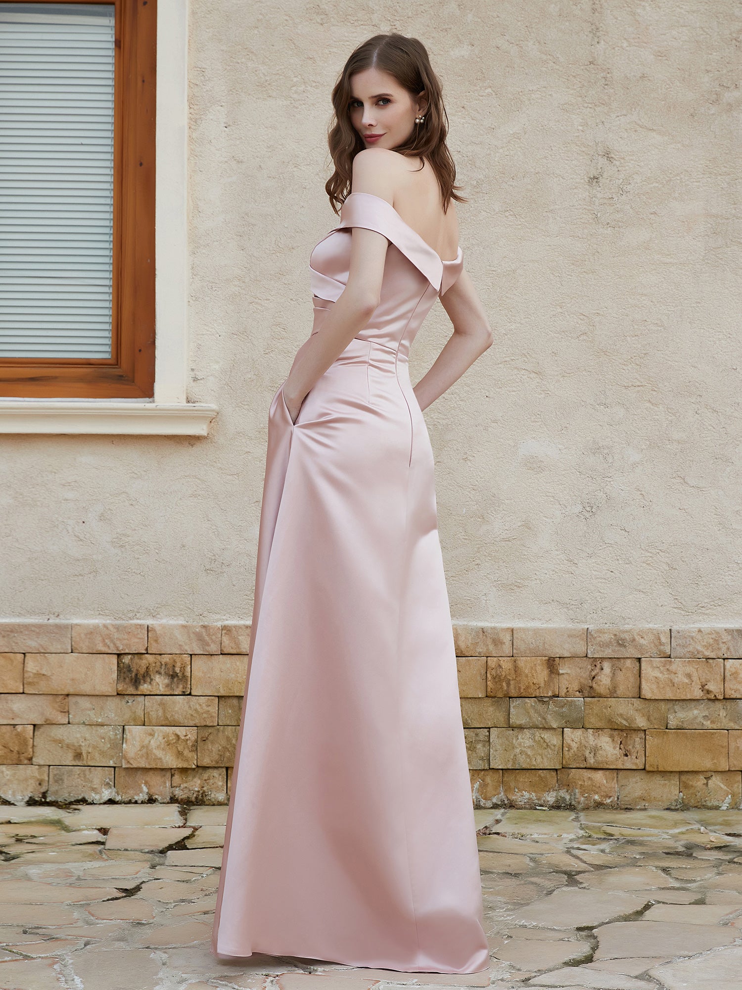 Off the Shoulder Satin Dress With Slit Dusty Rose – BABARONI