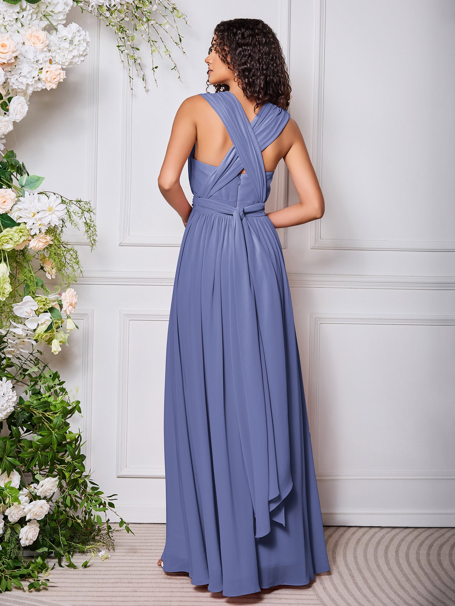 BABARONI Chiffon Periwinkle Bridesmaid Dresses Floor-length Ruched A-line