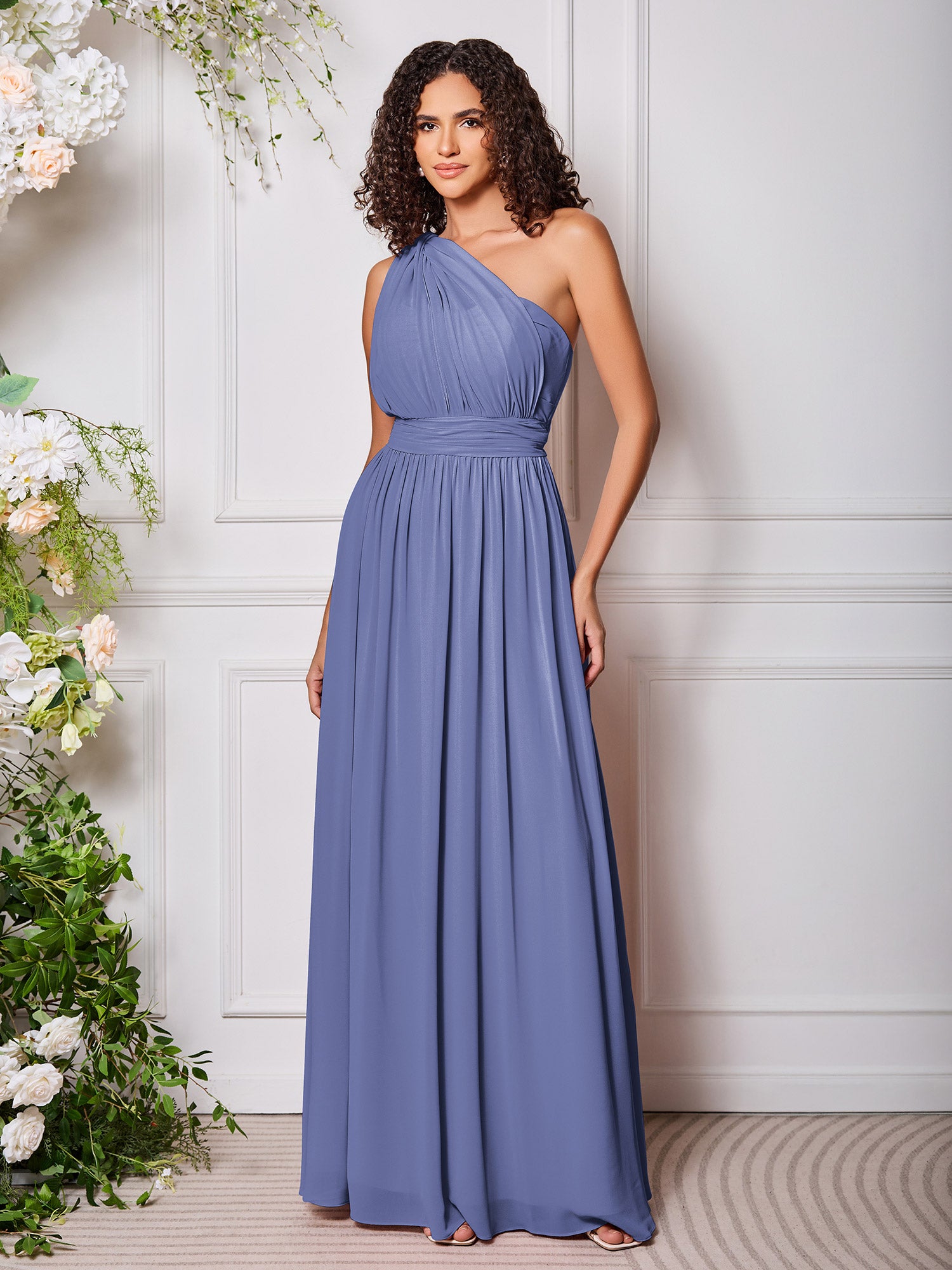 BABARONI Chiffon Periwinkle Bridesmaid Dresses Floor-length Ruched A-line