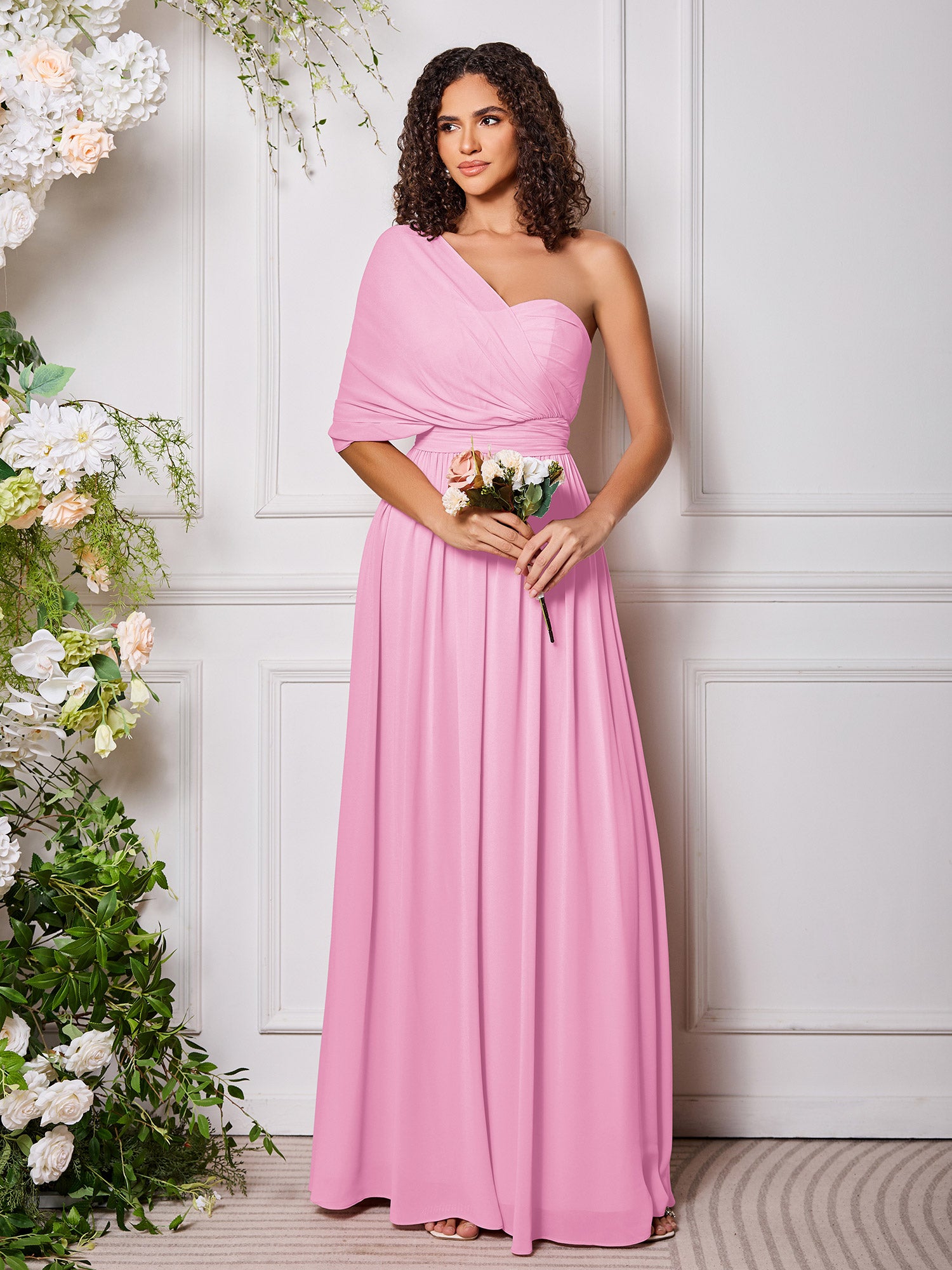 BABARONI Chiffon Candy Pink Bridesmaid Dresses Floor-length Ruched A-line