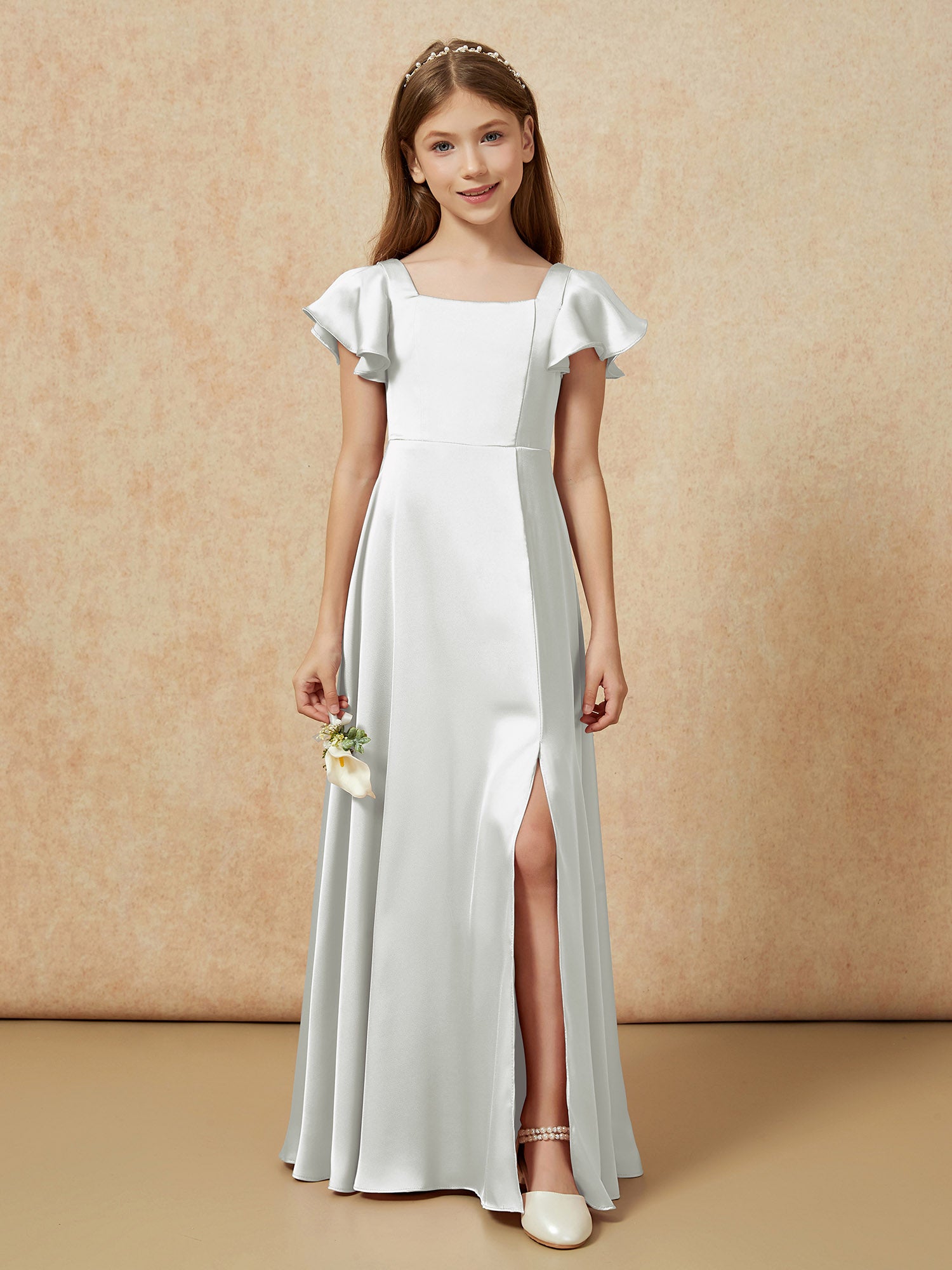 BABARONI Satin Silver Junior Bridesmaid Dresses A-line Square Cap ...