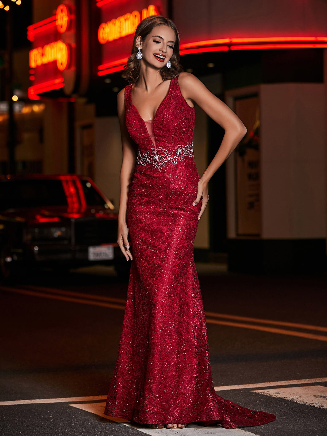 Long Sheath Plunging V-neck Lace Dress Burgundy – BABARONI