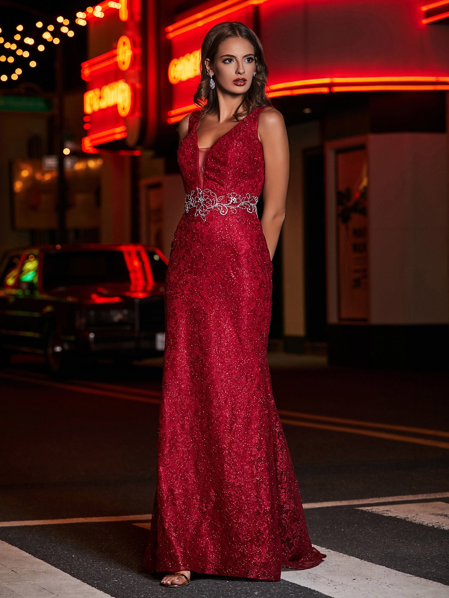 Long Sheath Plunging V-neck Lace Dress Burgundy – BABARONI