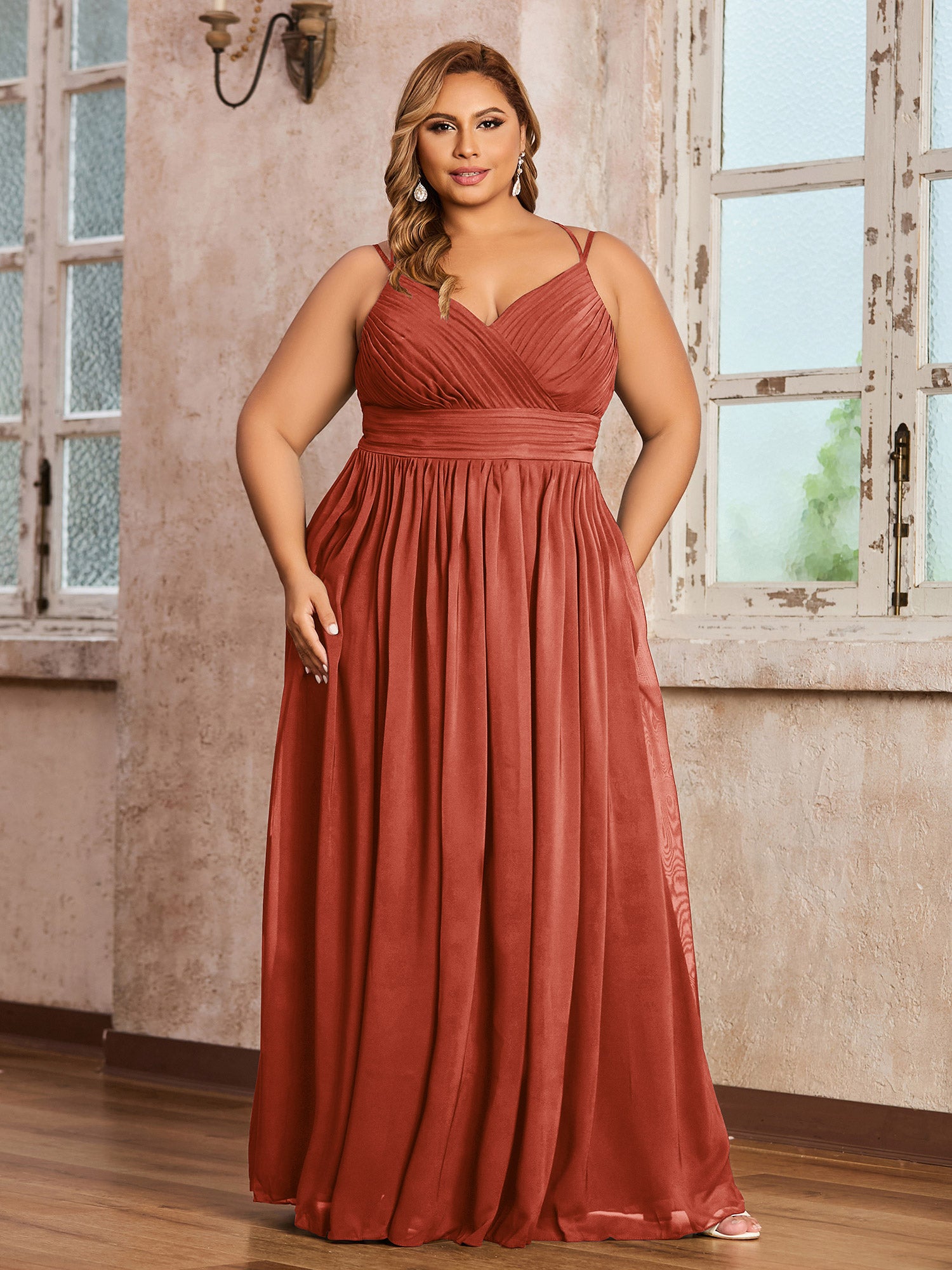 Double Straps Chiffon Dresses with Sweetheart Rust Plus Size – BABARONI
