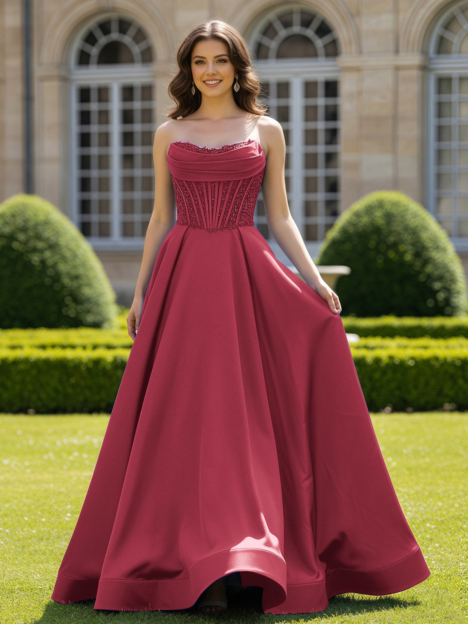 BABARONI Satin Cinnamon Rose Prom Dresses Ball Gown Strapless Appliqued ...